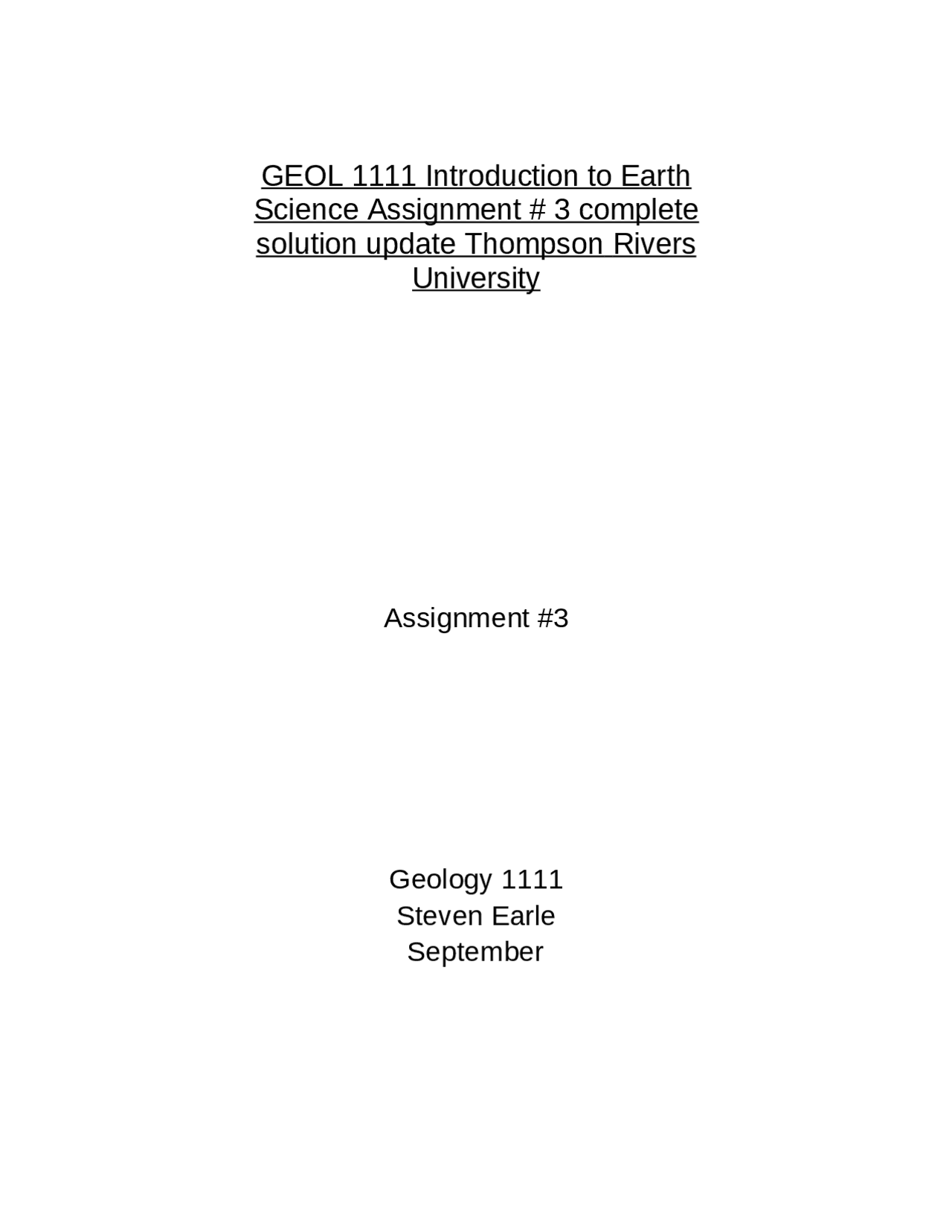GEOL 1111 Introduction to Earth Science Assignment # 3 complete solution update Thompson R ...