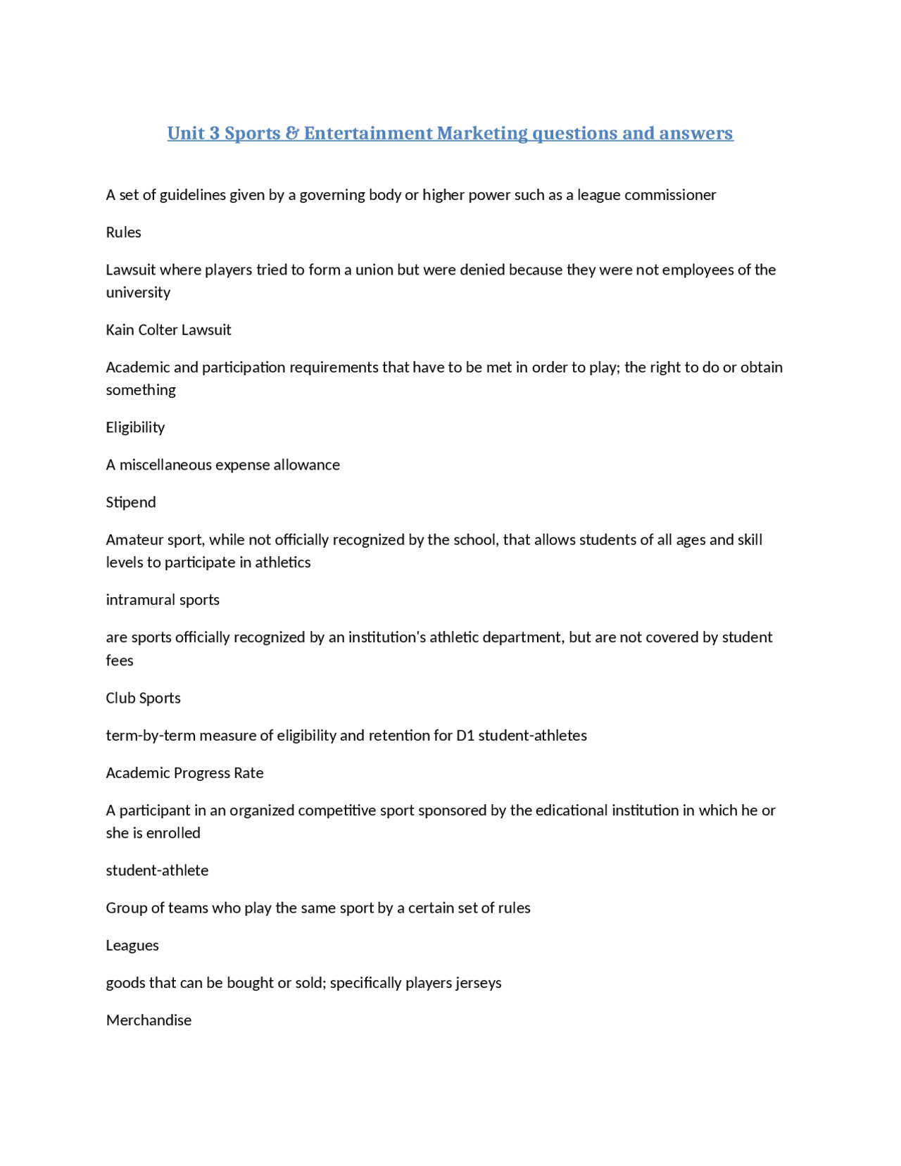 Sports & Entertainment Marketing: Questions and Answers | Exams ...