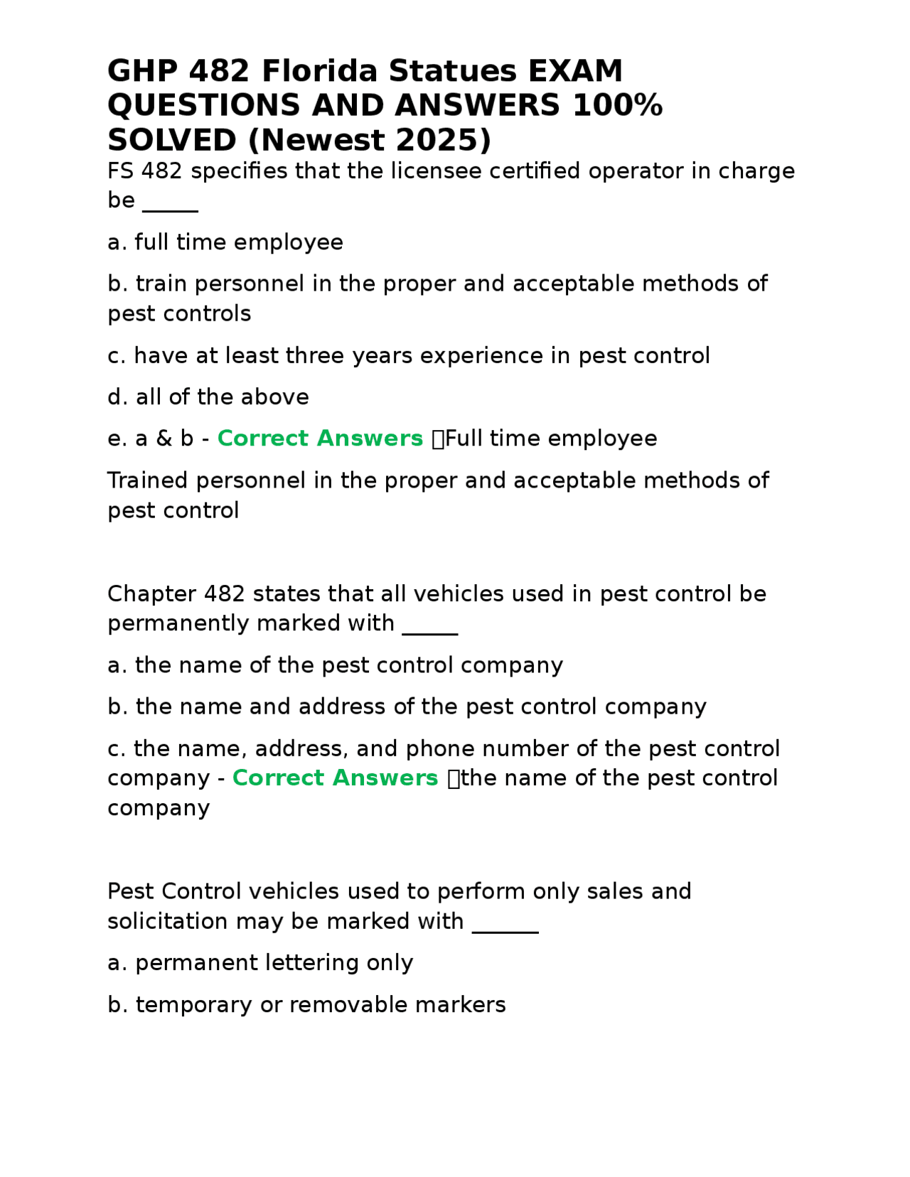 GHP 482 Florida Statues Exam: Questions and Answers | Exams Nursing ...