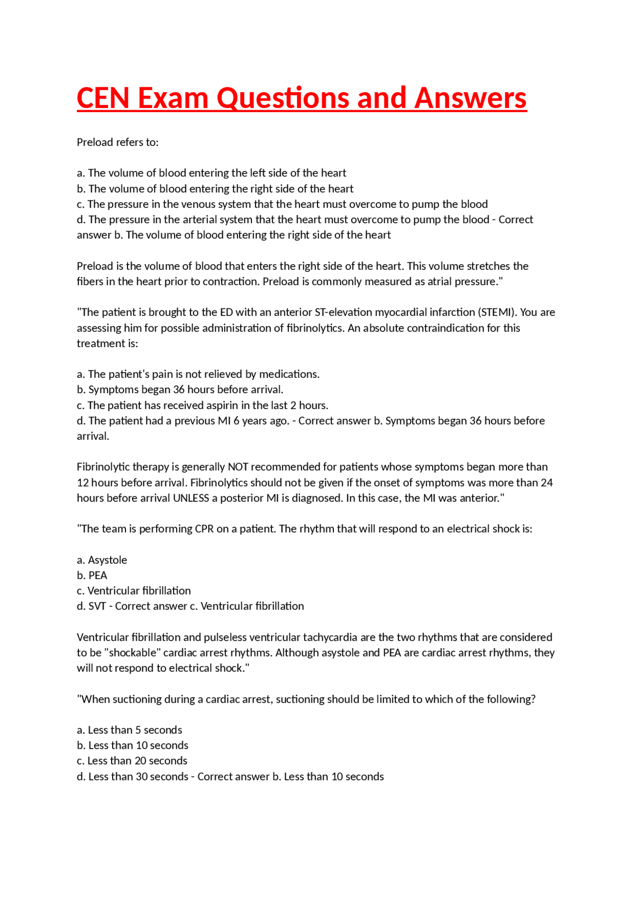 CEN Exam – 50 Questions and Answers | Exams Nursing | Docsity