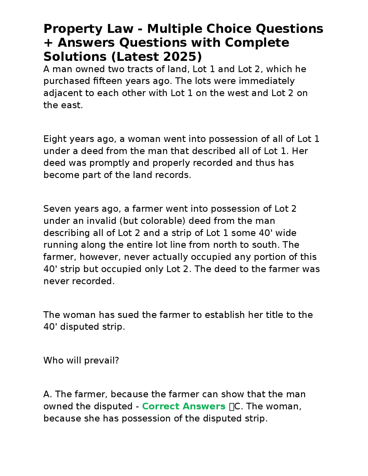 Property Law - Multiple Choice Questions + Answers Questions with ...