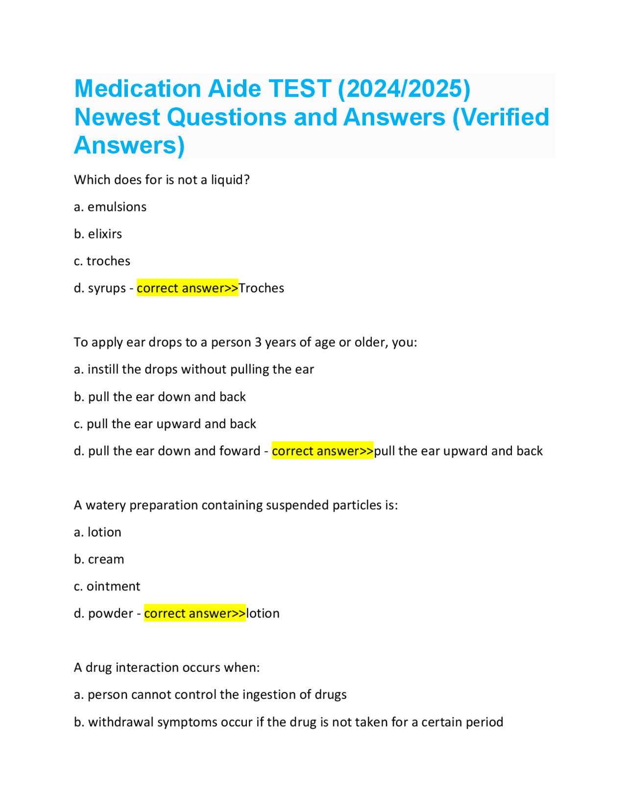 Medication Aide TEST (2024/2025) Newest Questions and Answers (Verified ...