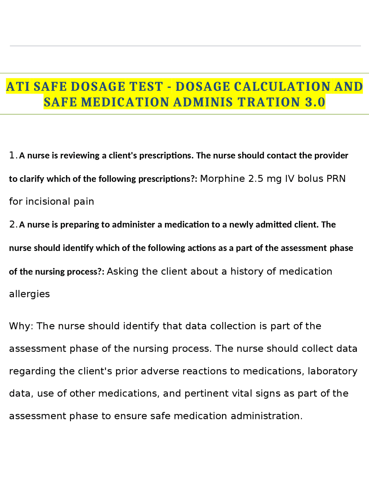 ATI SAFE DOSAGE TEST - DOSAGE CALCULATION AND SAFE MEDICATION ADMINIS ...