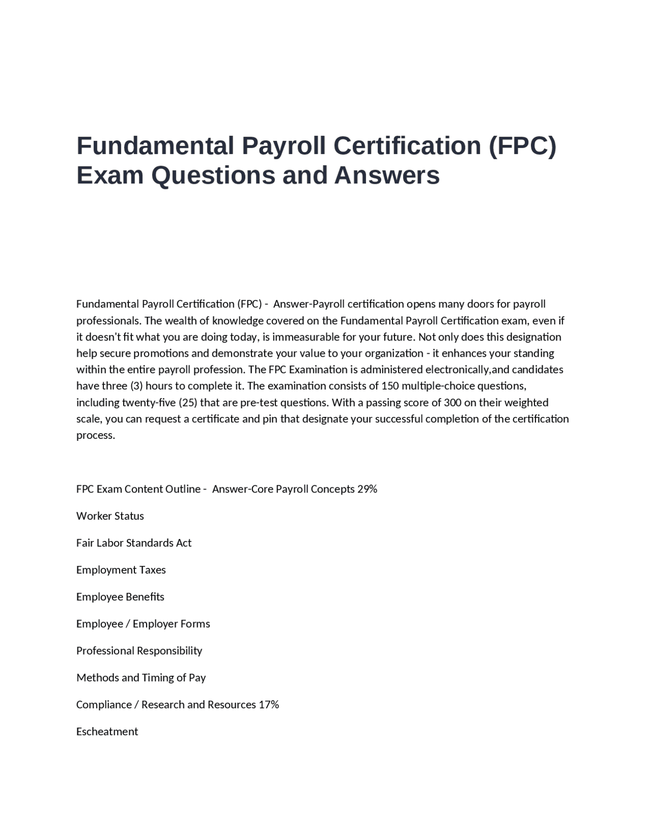 Fundamental Payroll Certification (FPC) Exam Questions and Answers ...