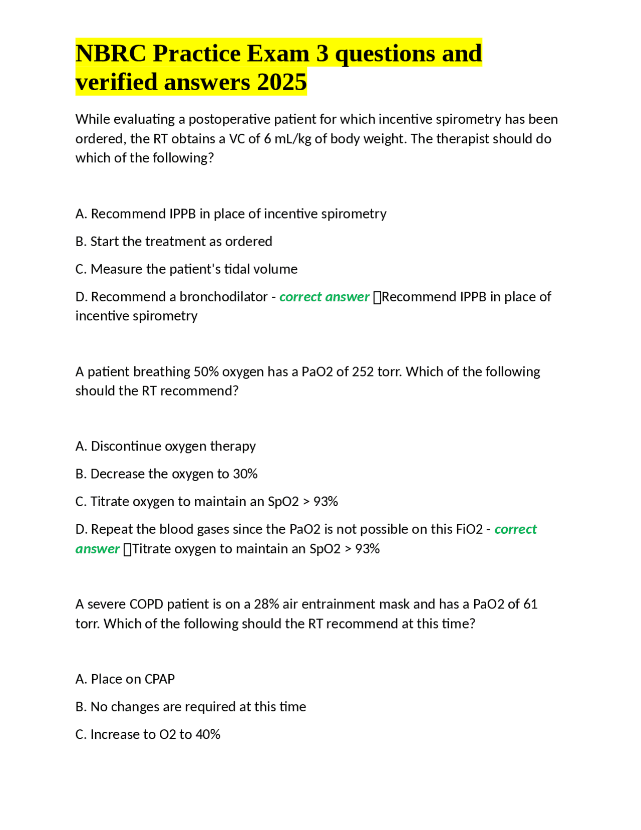 NBRC Practice Exam 3: Respiratory Therapy Questions and Answers | Exams ...