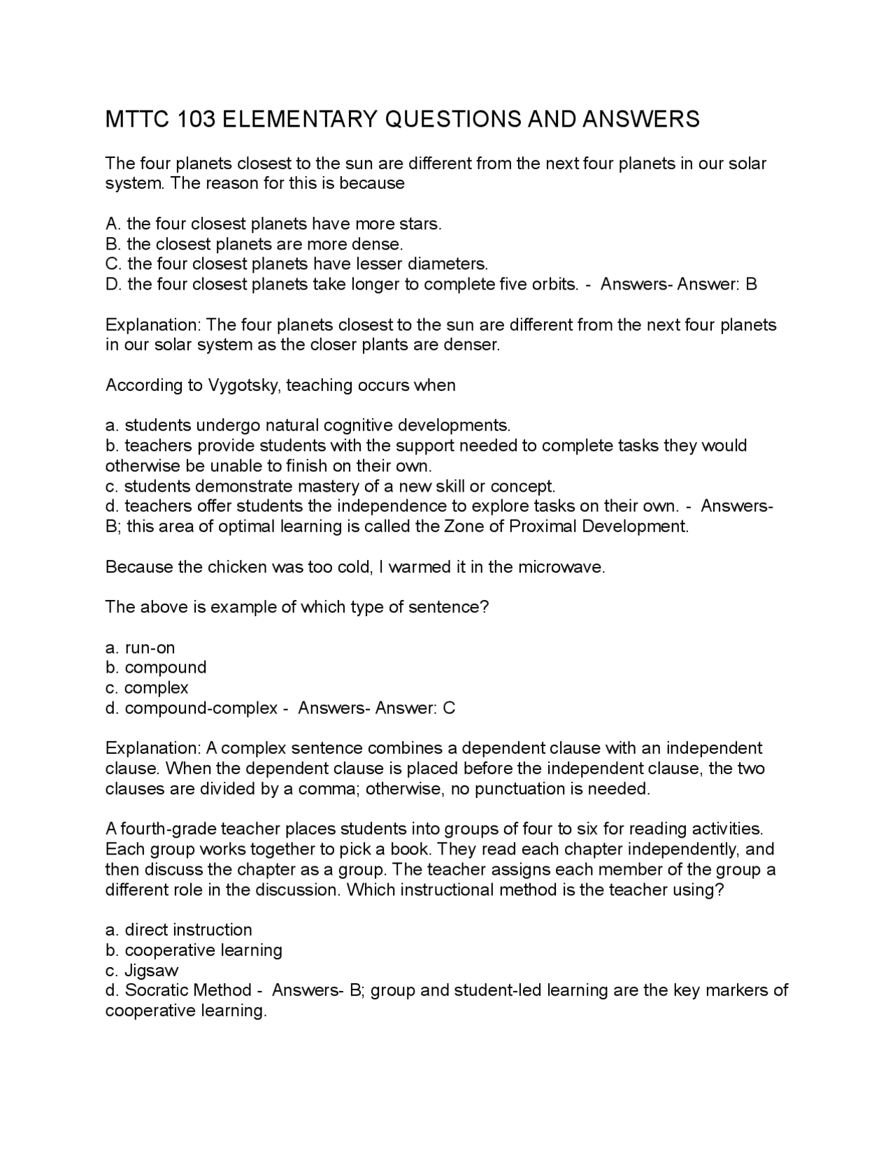 MTTC 103 Elementary Education: Practice Questions and Answers | Exams ...