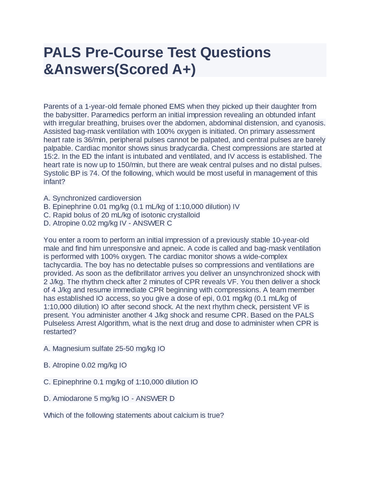PALS Pre-Course Test Questions &Answers(Scored A+) | Exams Nursing ...