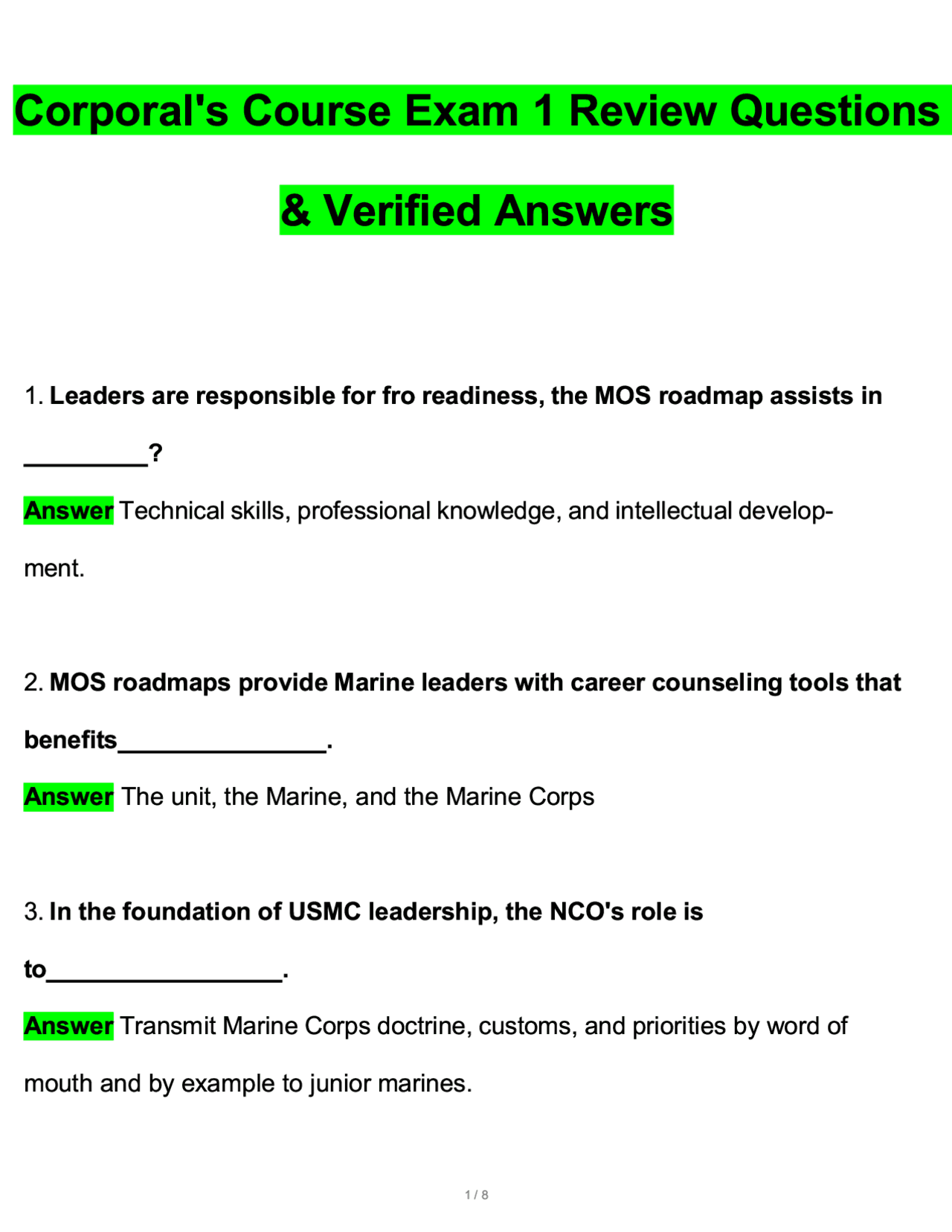 Corporals Course Actual Exam 1 2025 Questions & Answers | Exams Nursing ...