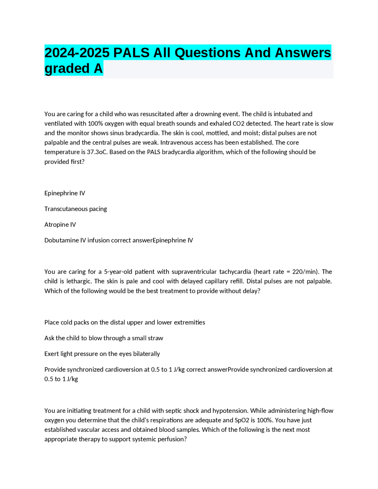 Pediatric Advanced Life Support (PALS) Practice Questions and Answers ...