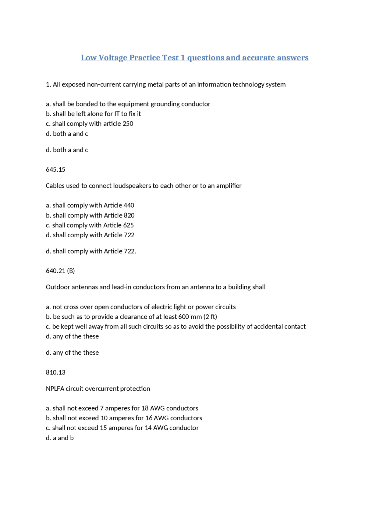 Low Voltage Practice Test 1 questions and accurate answers | Exams ...