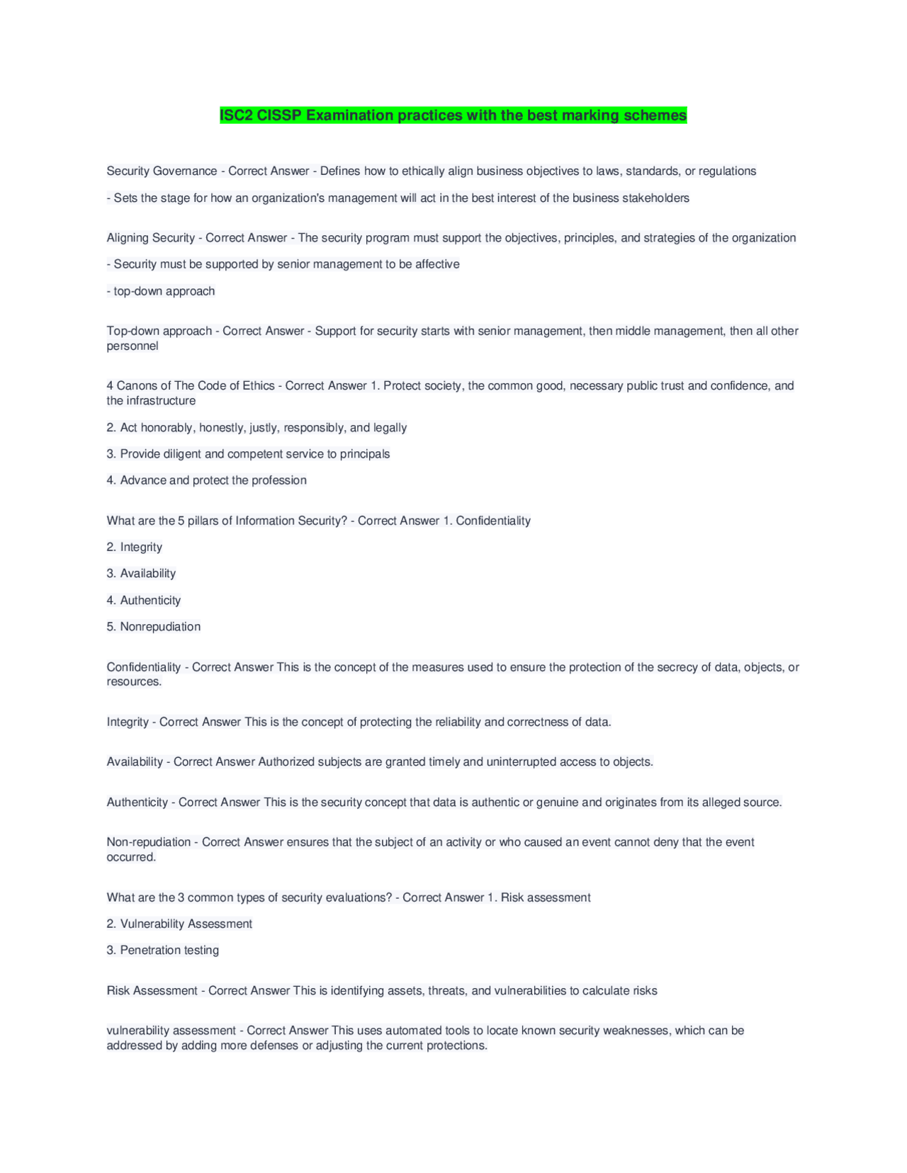 CISSP Exam Practices: Security Governance & Evaluations | Exams Computer Science | Docsity