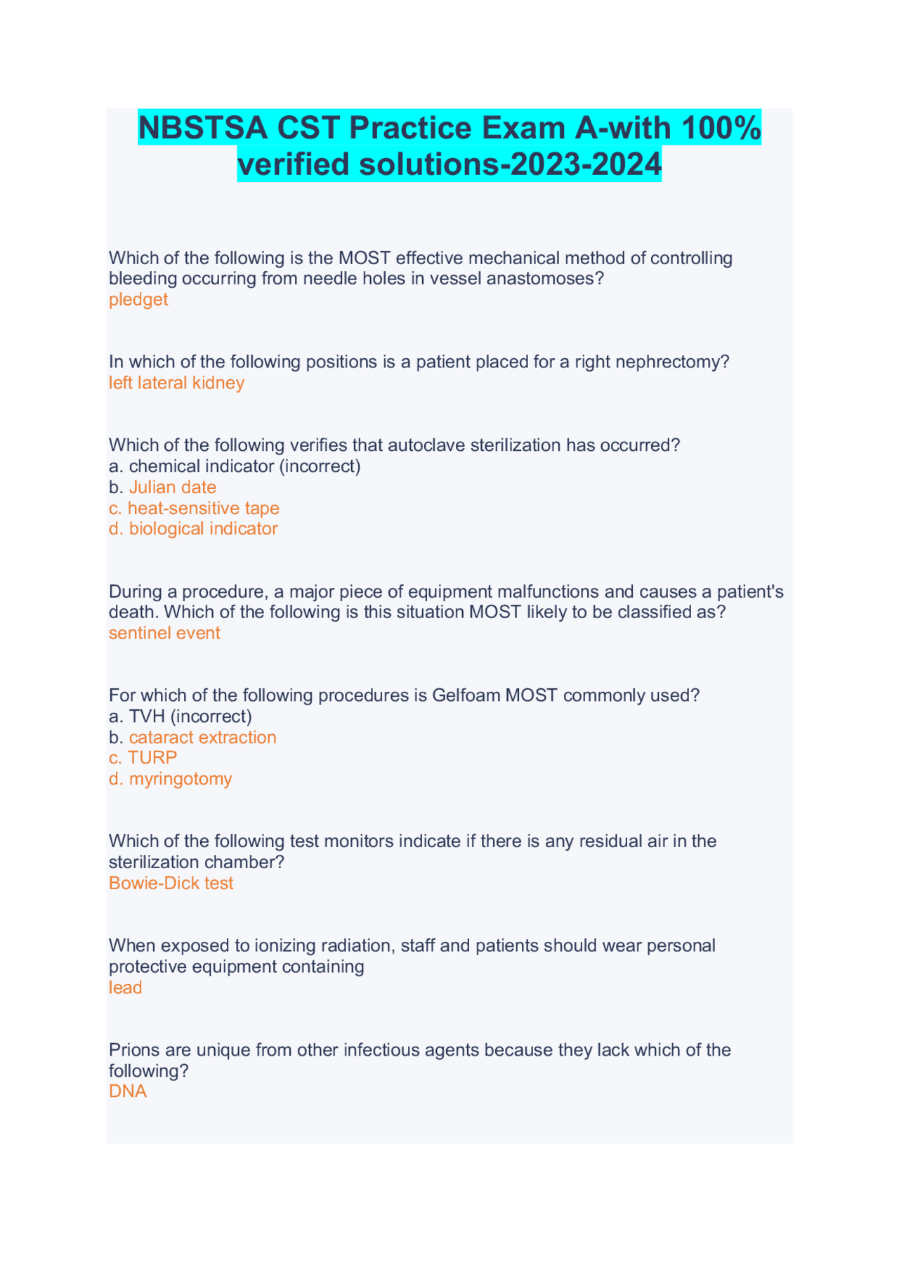 NBSTSA CST Practice Exam A - 2023-2024 | Exams Health sciences | Docsity