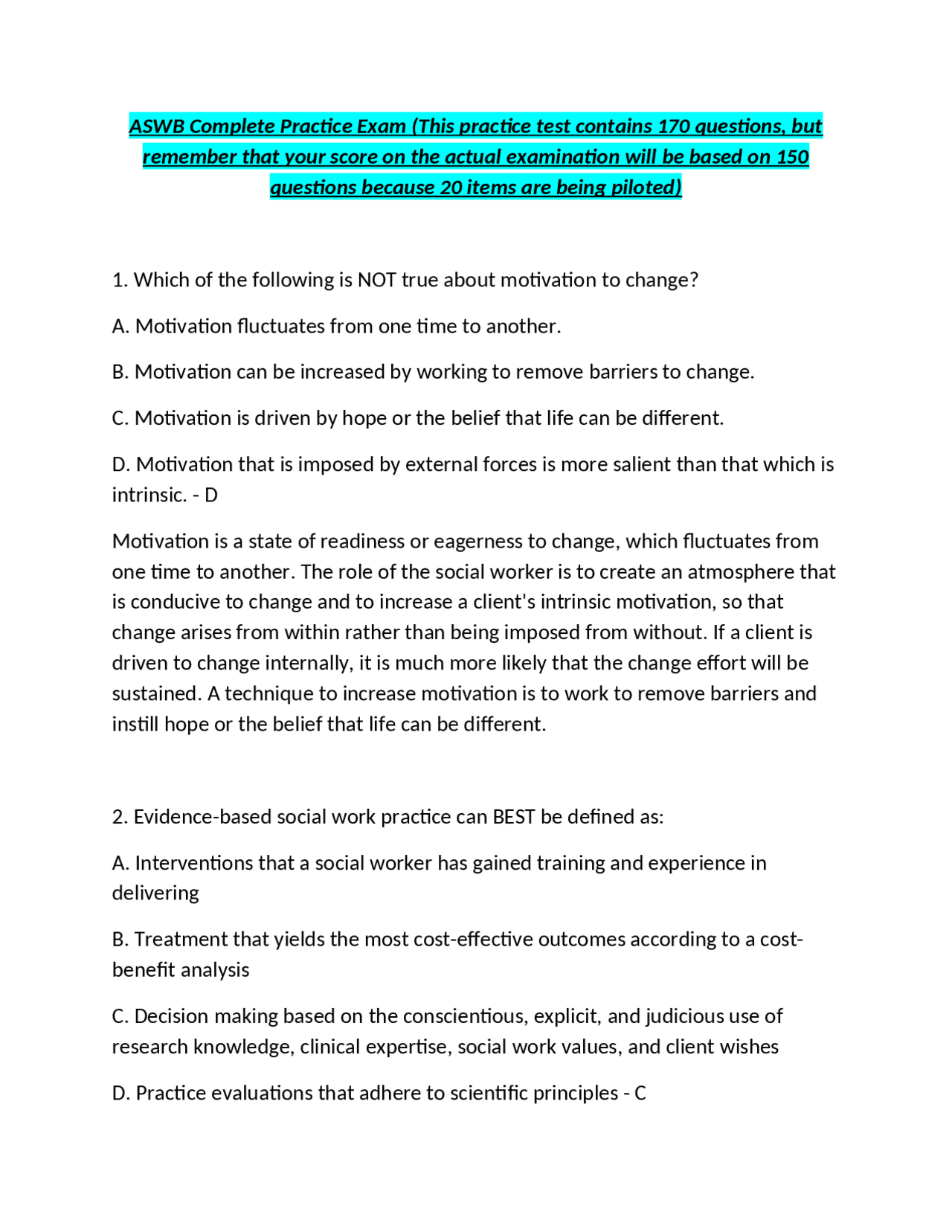 ASWB Complete Practice Exam: Social Work Ethics, Theories, and Practice ...
