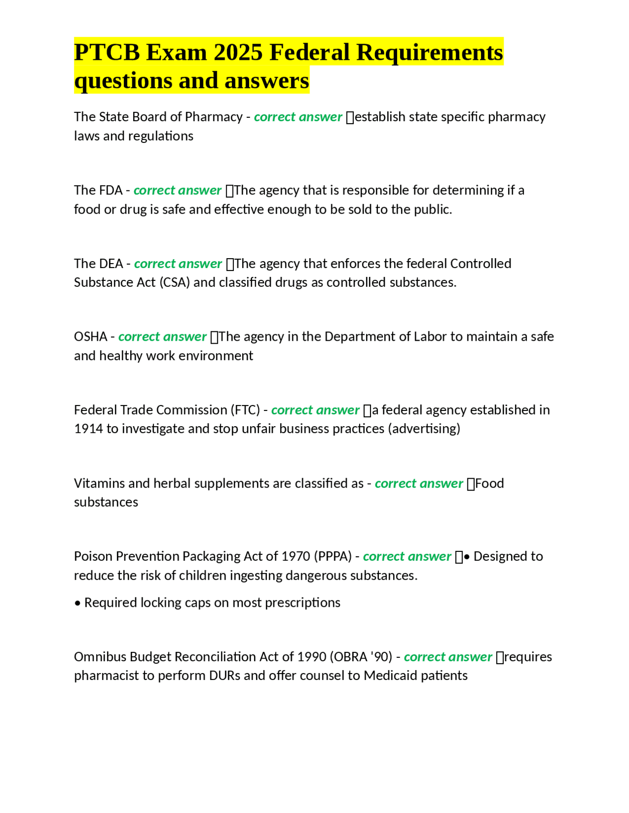 PTCB Exam 2025 Federal Requirements questions and answers | Exams ...