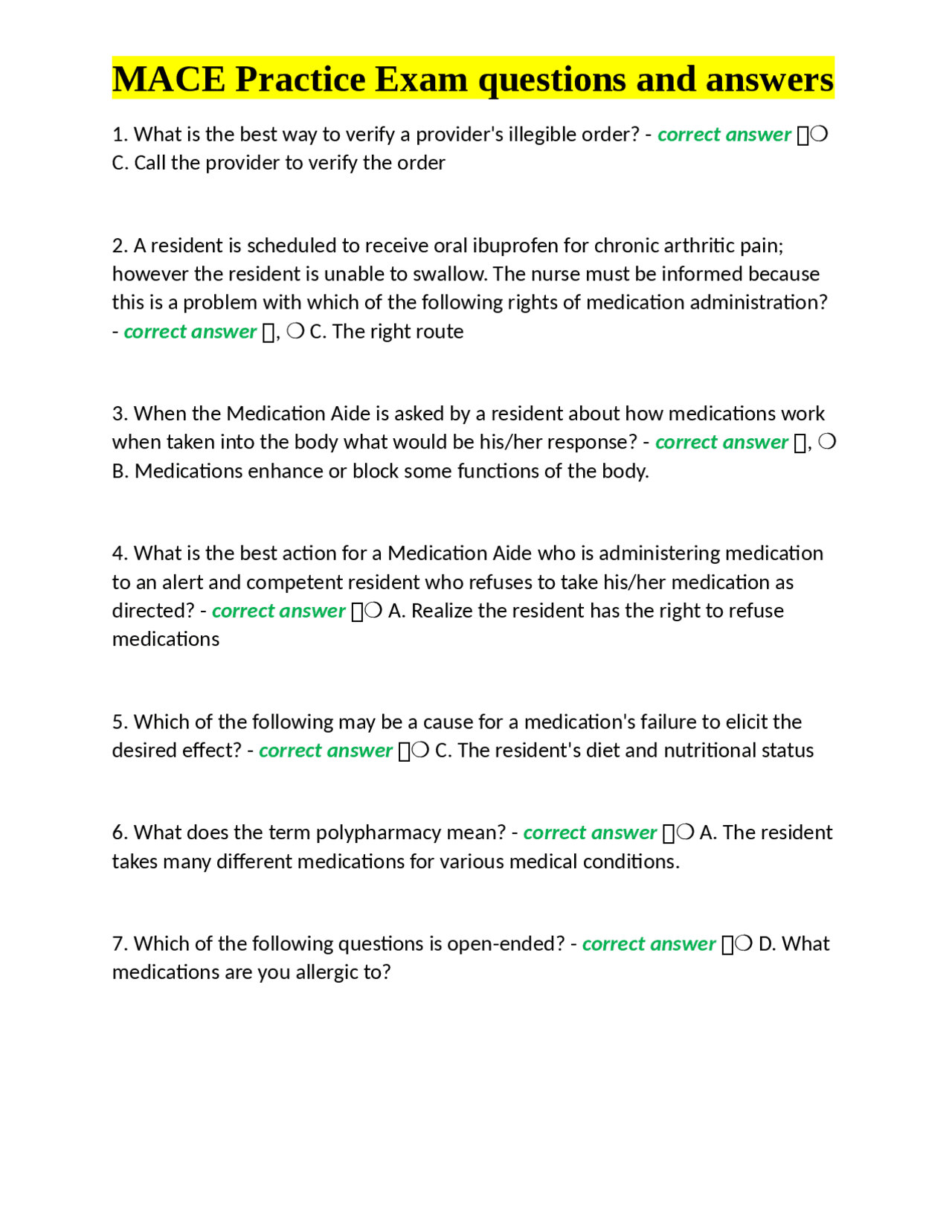 MACE Practice Exam questions and answers | Exams Medicine | Docsity