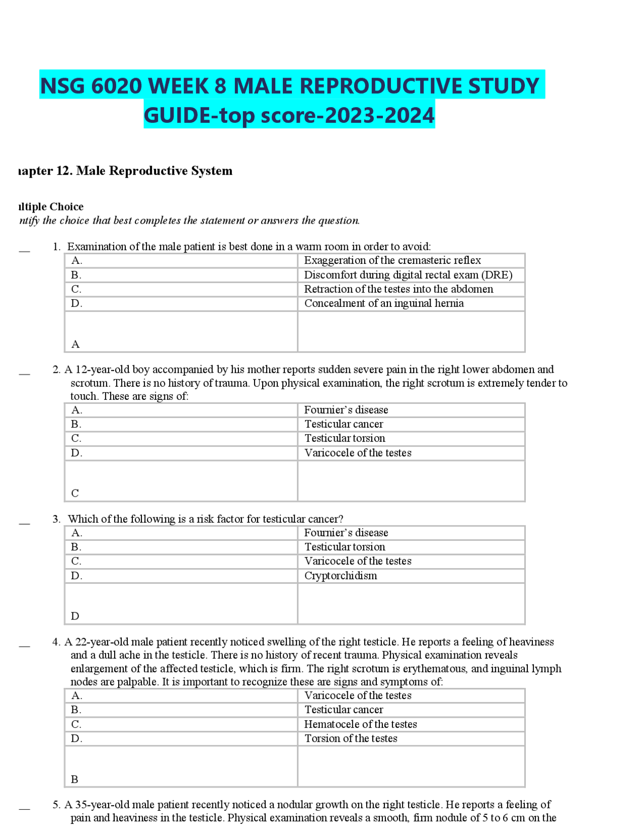 Male Reproductive System Study Guide: Multiple Choice Questions and ...
