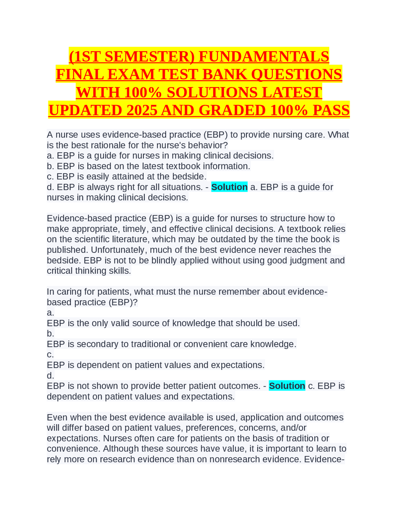 Fundamentals of Nursing: Evidence-Based Practice - Final Exam Test Bank ...