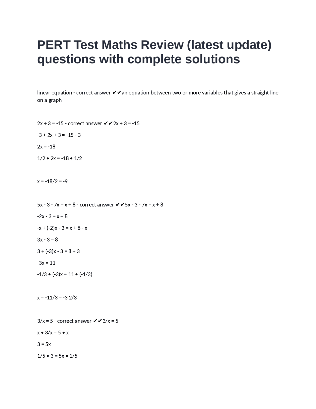PERT Test Maths Review: Linear Equations, Percentages, and Quadratic ...