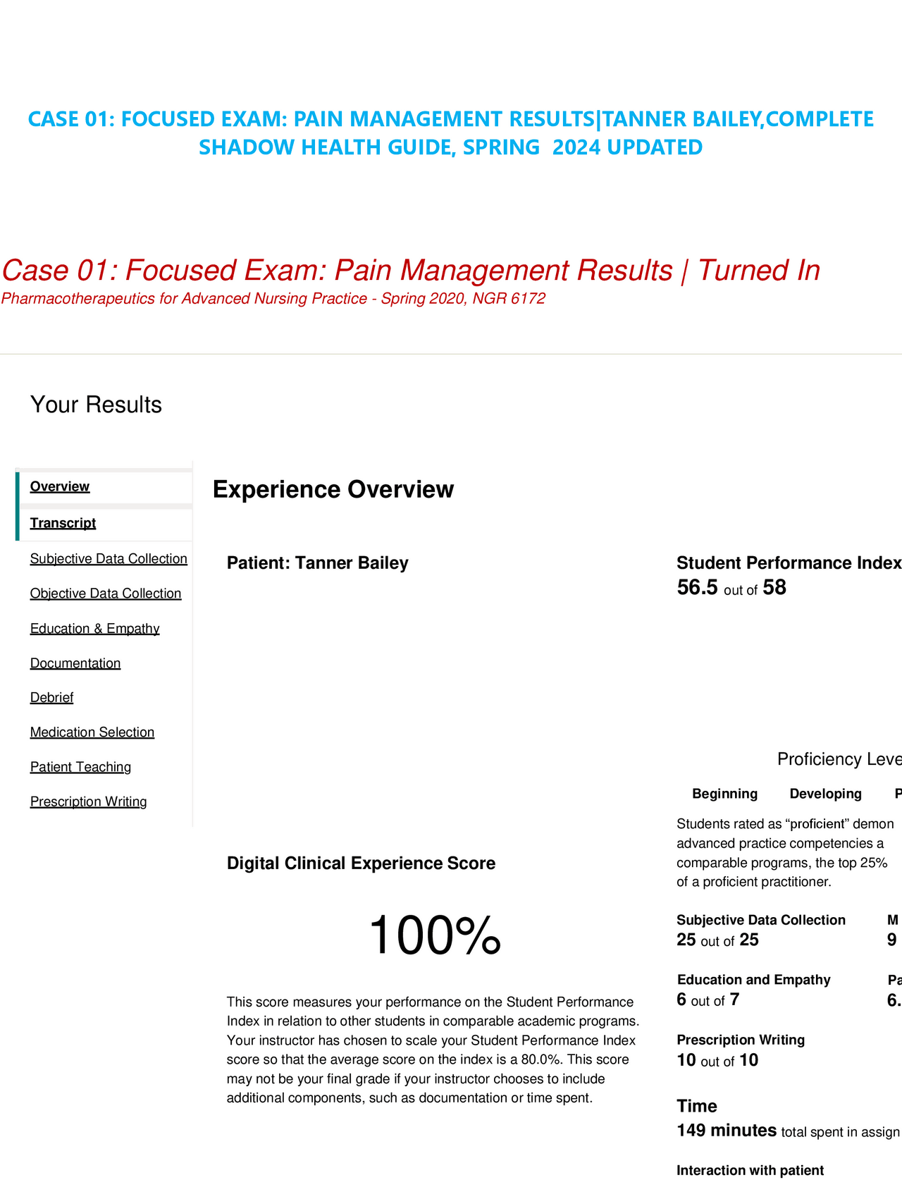 CASE 01: FOCUSED EXAM: PAIN MANAGEMENT RESULTS|TANNER BAILEY,COMPLETE ...