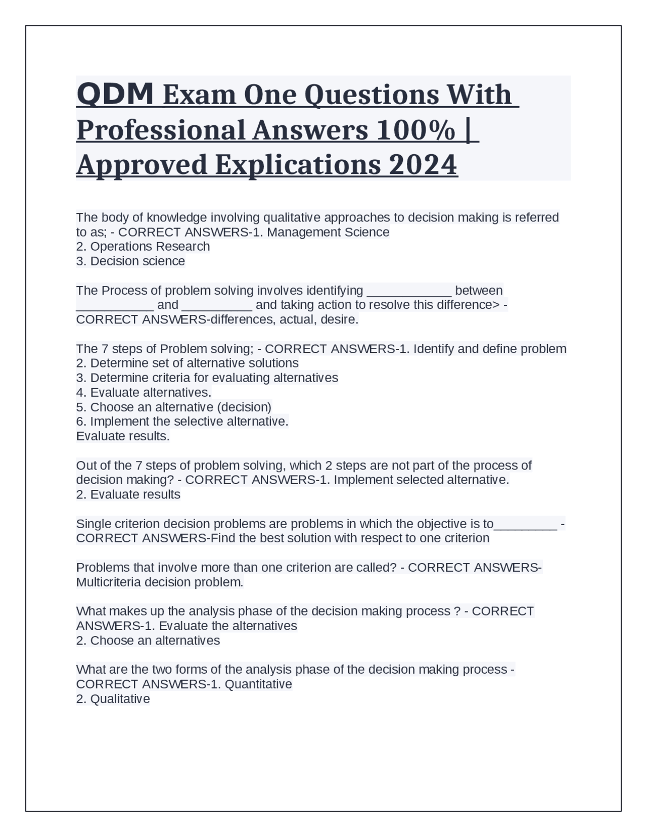 QDM Exam One Questions With Professional Answers 100% | Approved Explications 2024 | Exams ...