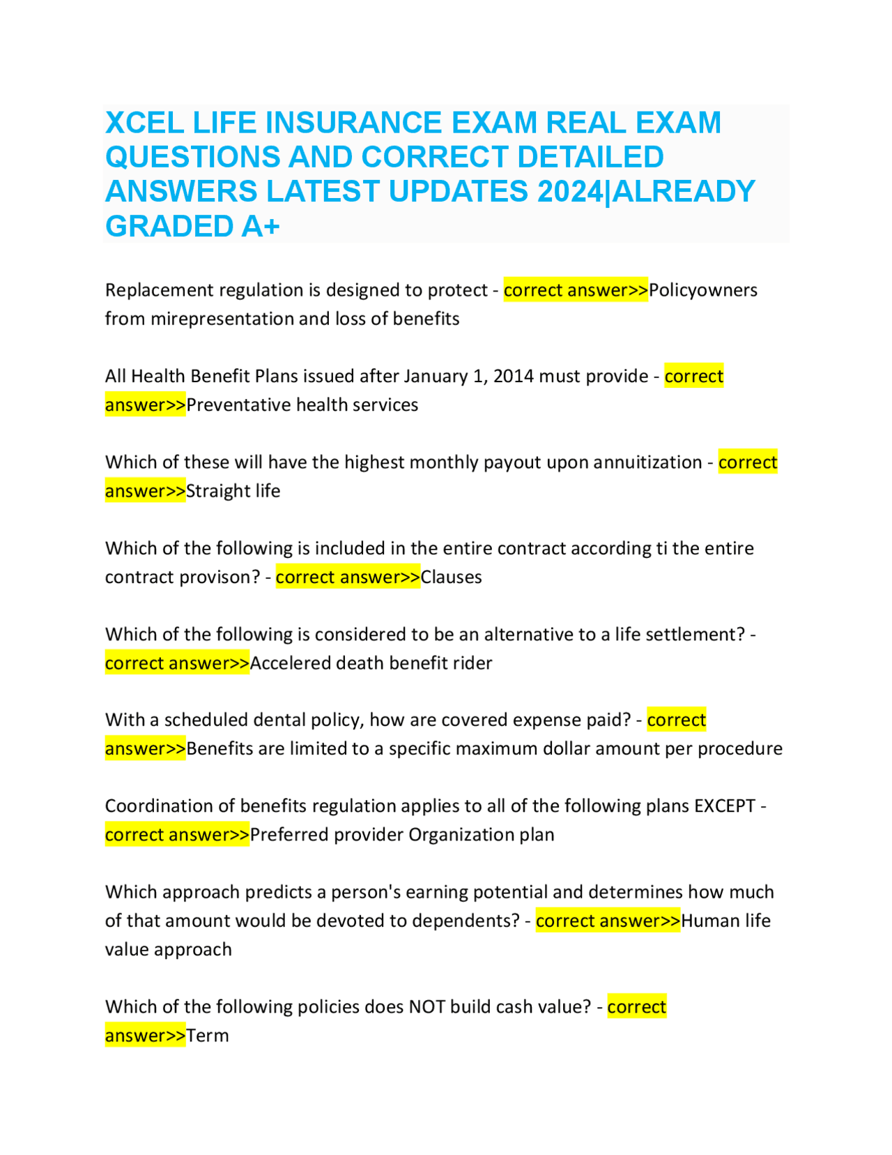 XCEL Life Insurance Exam: Questions and Answers | Exams Insurance law ...