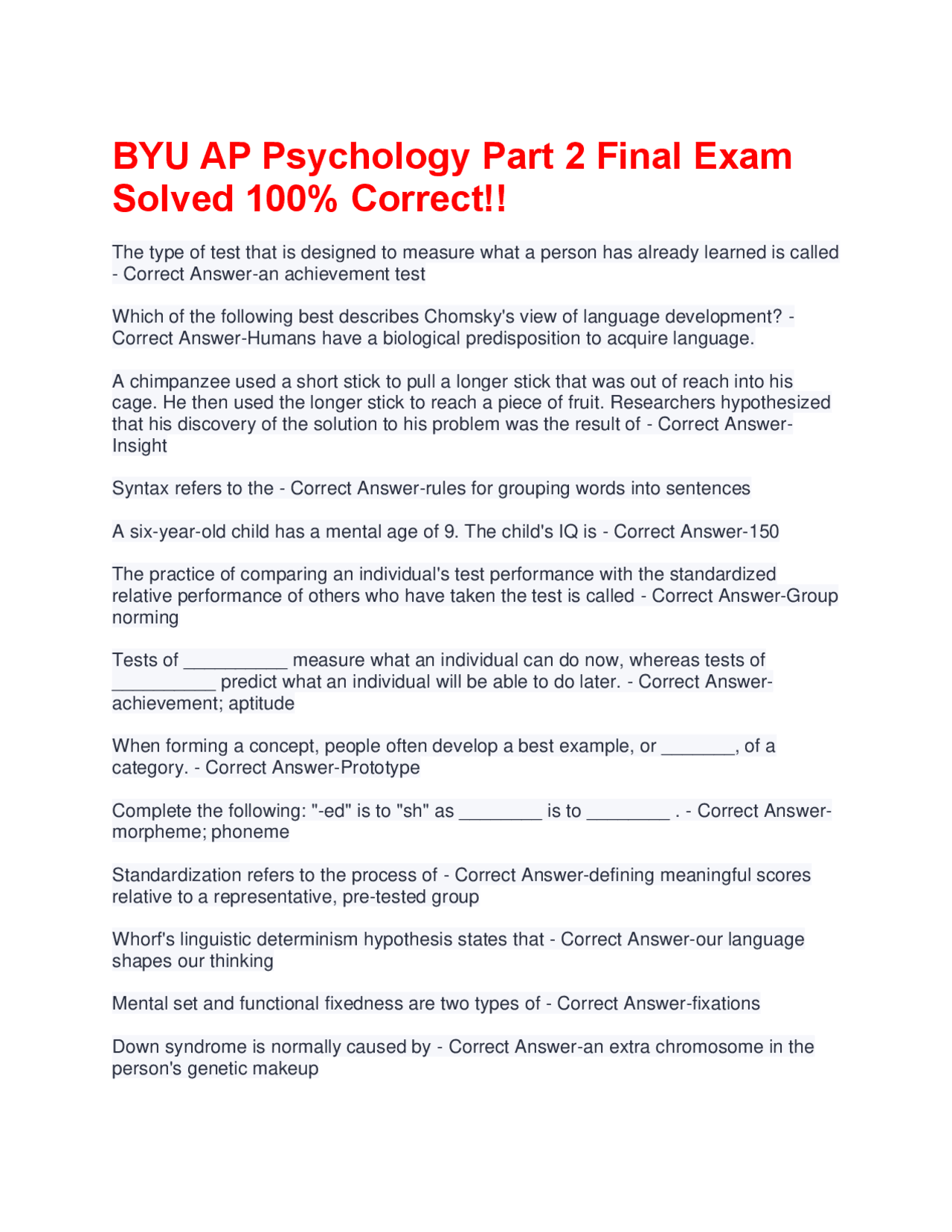BYU AP Psychology Part 2 Final Exam Solved 100% Correct | Exams ...