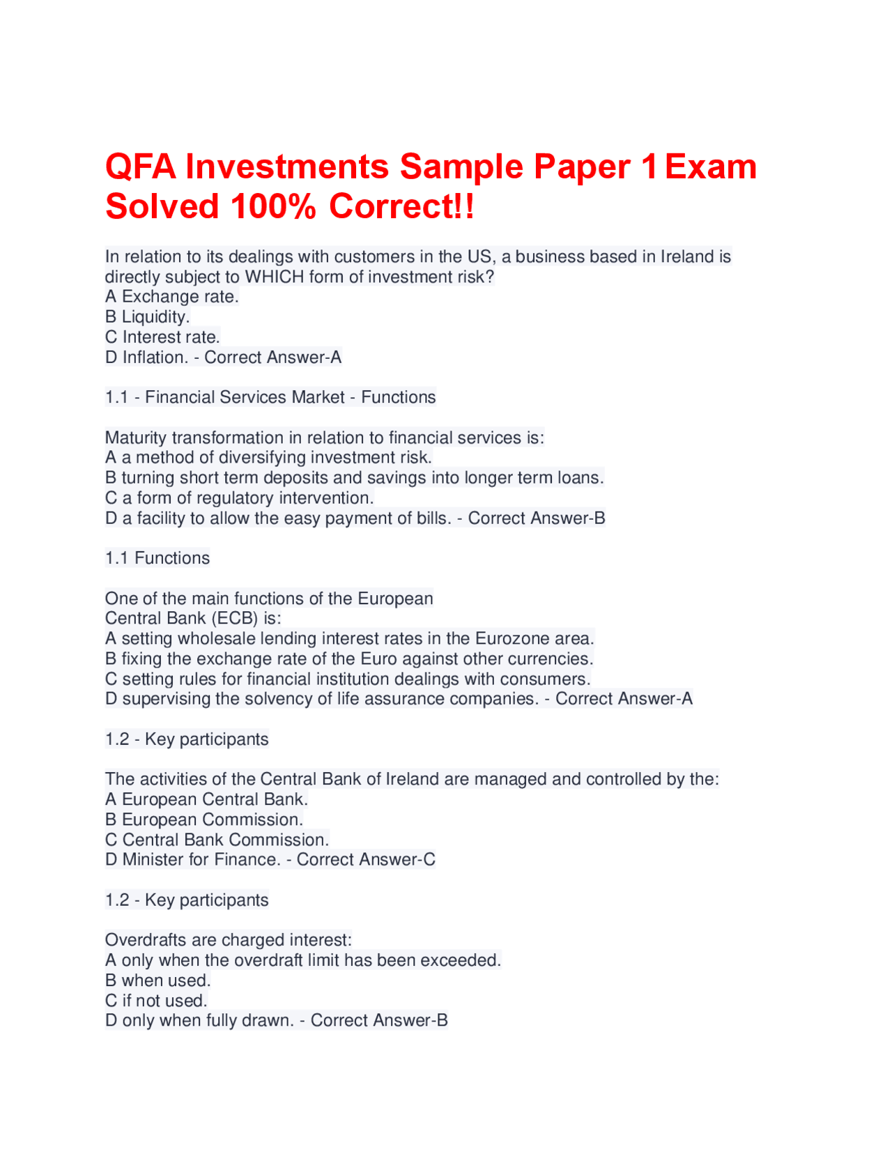 QFA Investments Sample Paper 1 Exam Solved 100% Correct | Exams Finance ...