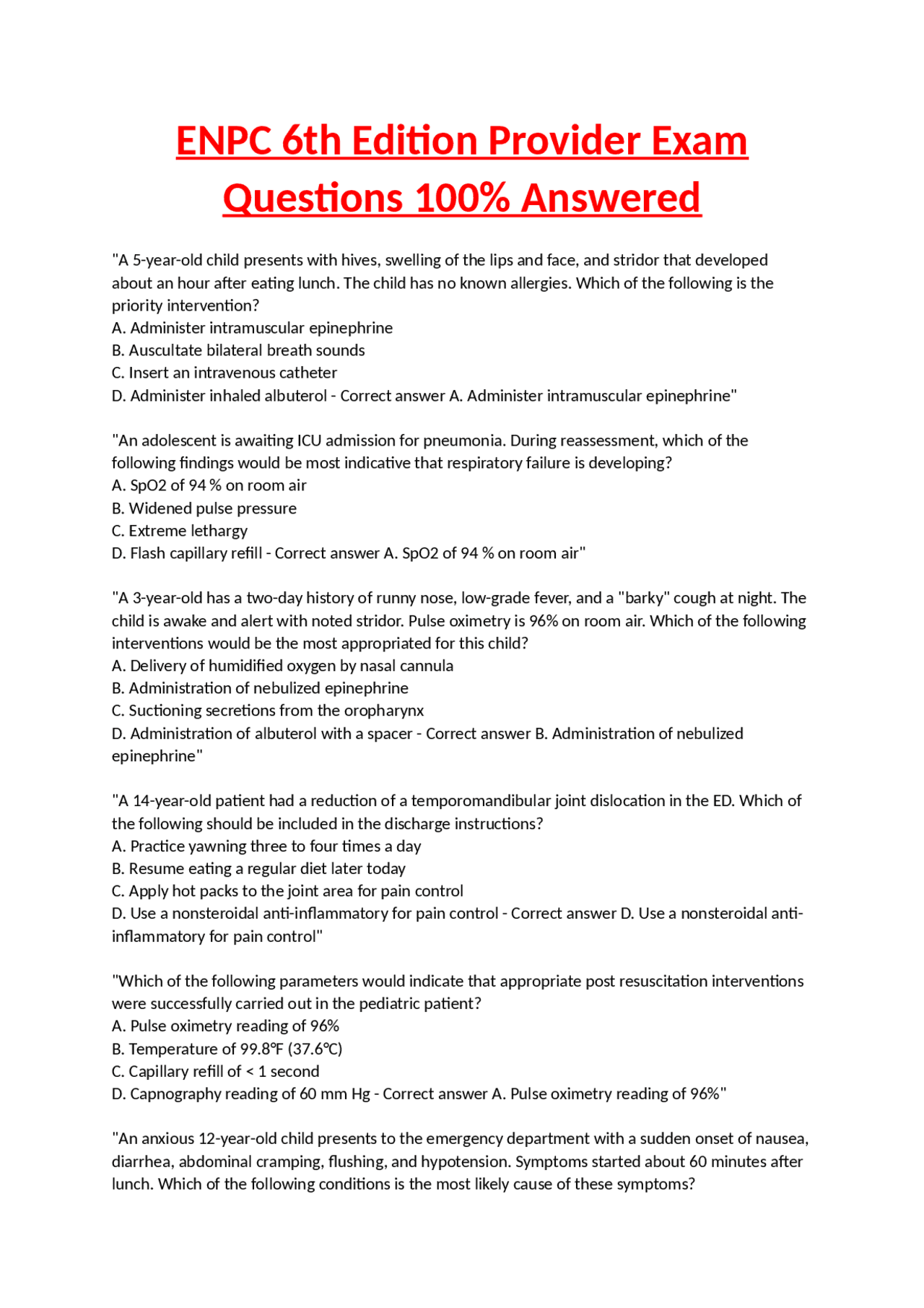 ENPC 6th Edition Provider Exam Questions and Answers | Exams Nursing ...