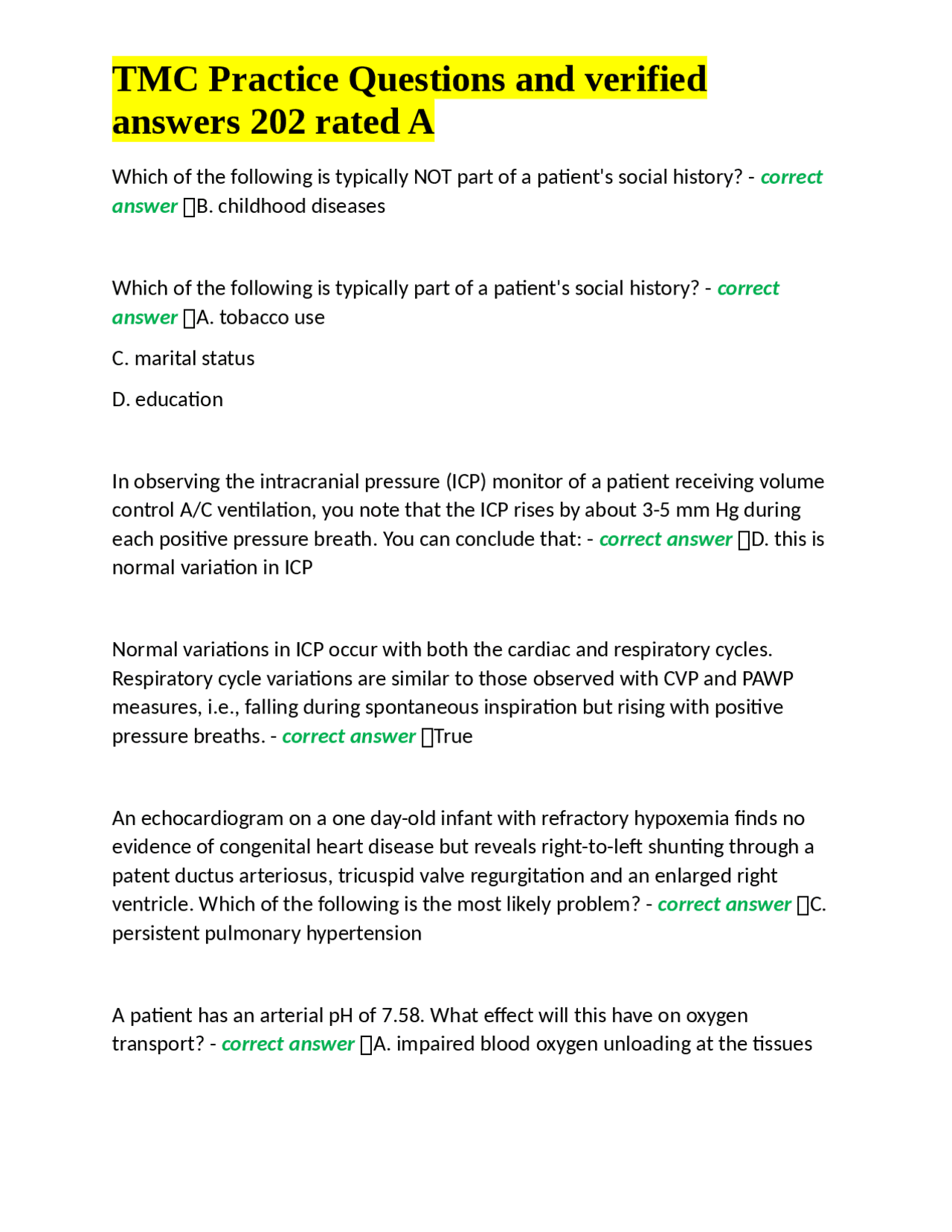 TMC Practice Questions and Verified Answers: Medical Concepts and ...