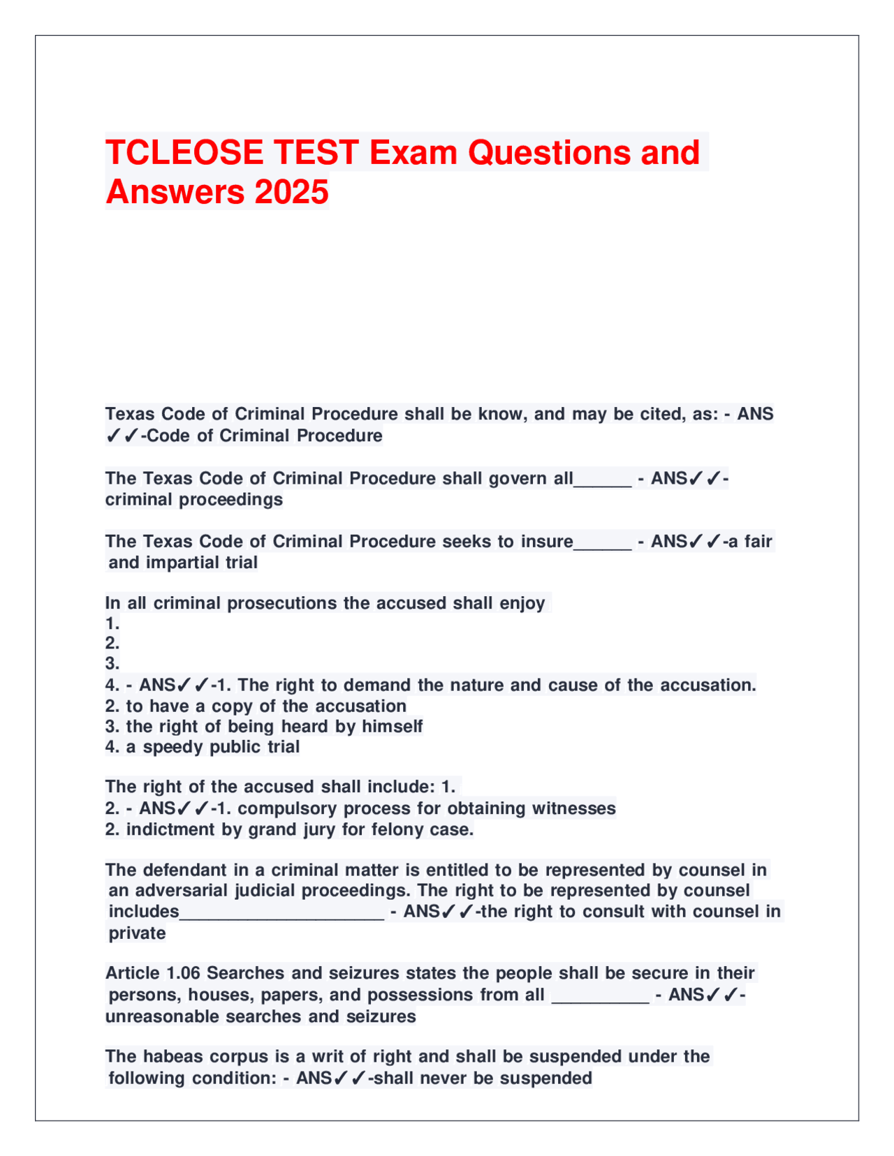 Texas Code of Criminal Procedure Exam Questions and Answers | Exams Law ...