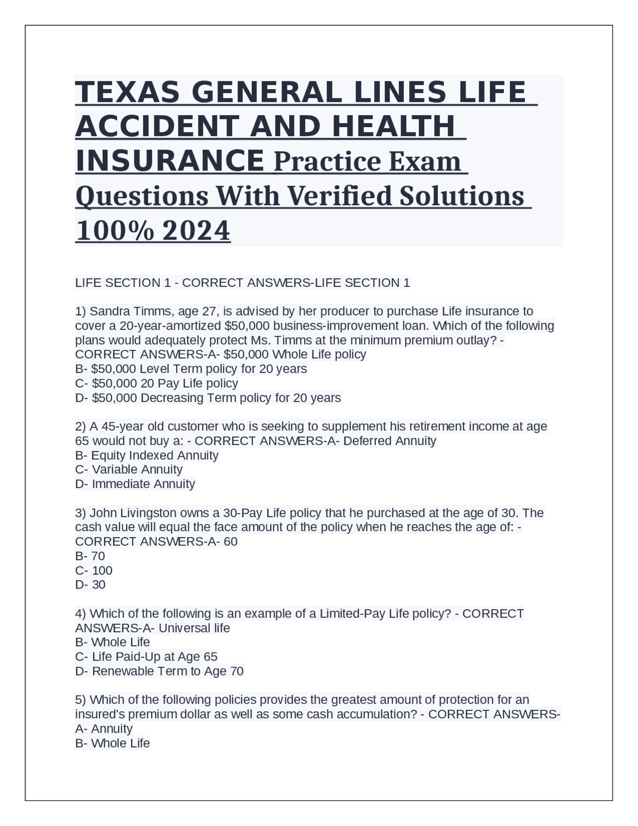 TEXAS GENERAL LINES LIFE ACCIDENT AND HEALTH INSURANCE Practice Exam ...