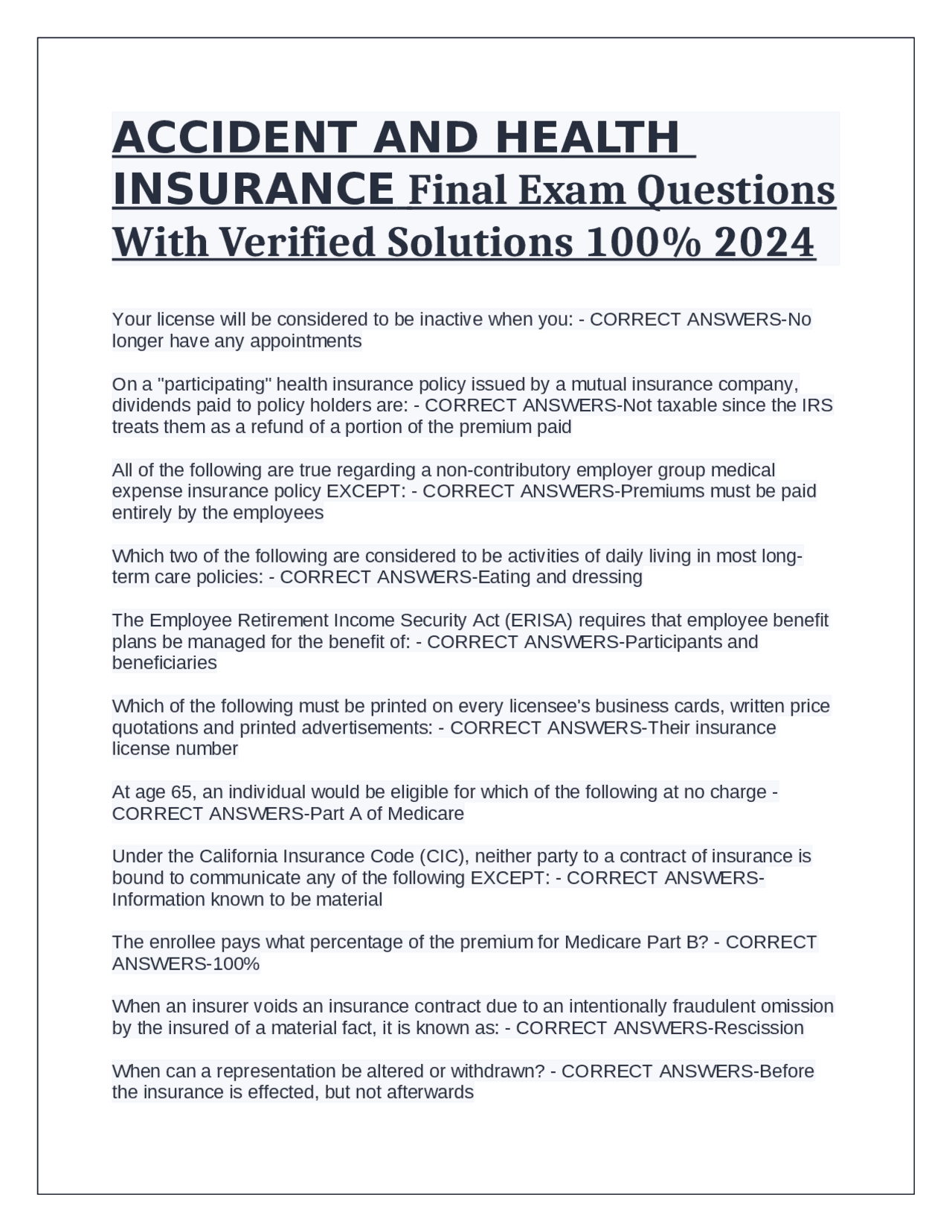 Accident and Health Insurance Final Exam Questions with Verified ...