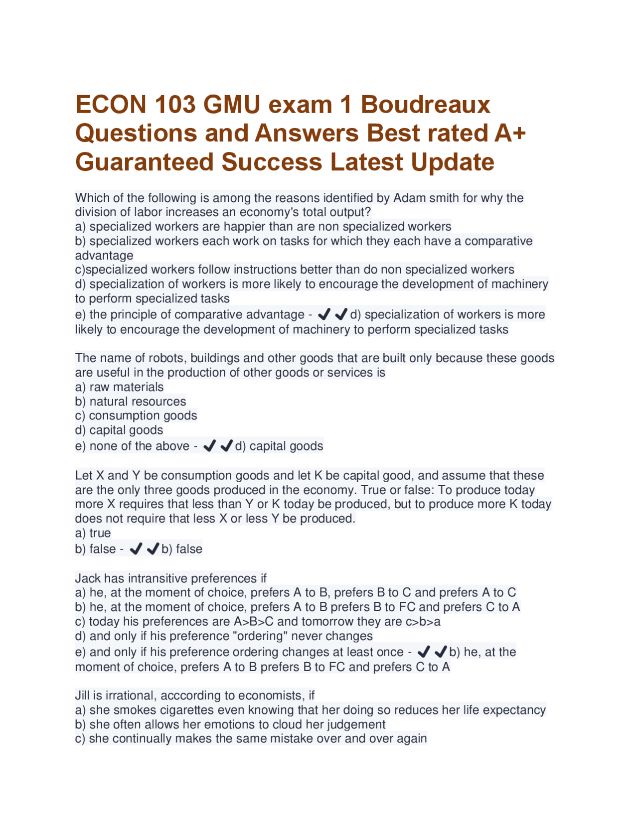 ECON 103 GMU Exam 1: Microeconomics Practice Questions and Answers ...