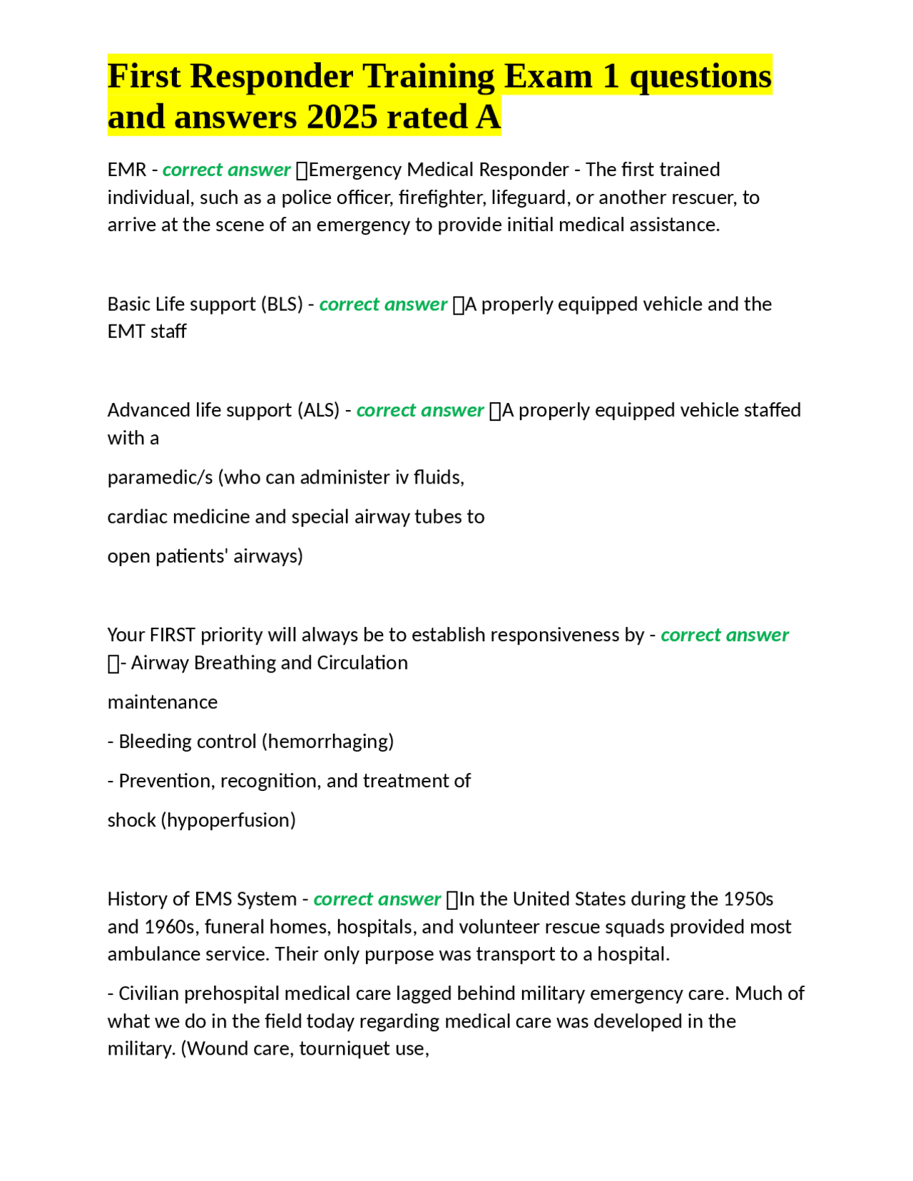 First Responder Training Exam 1: Questions and Answers | Exams Medicine ...