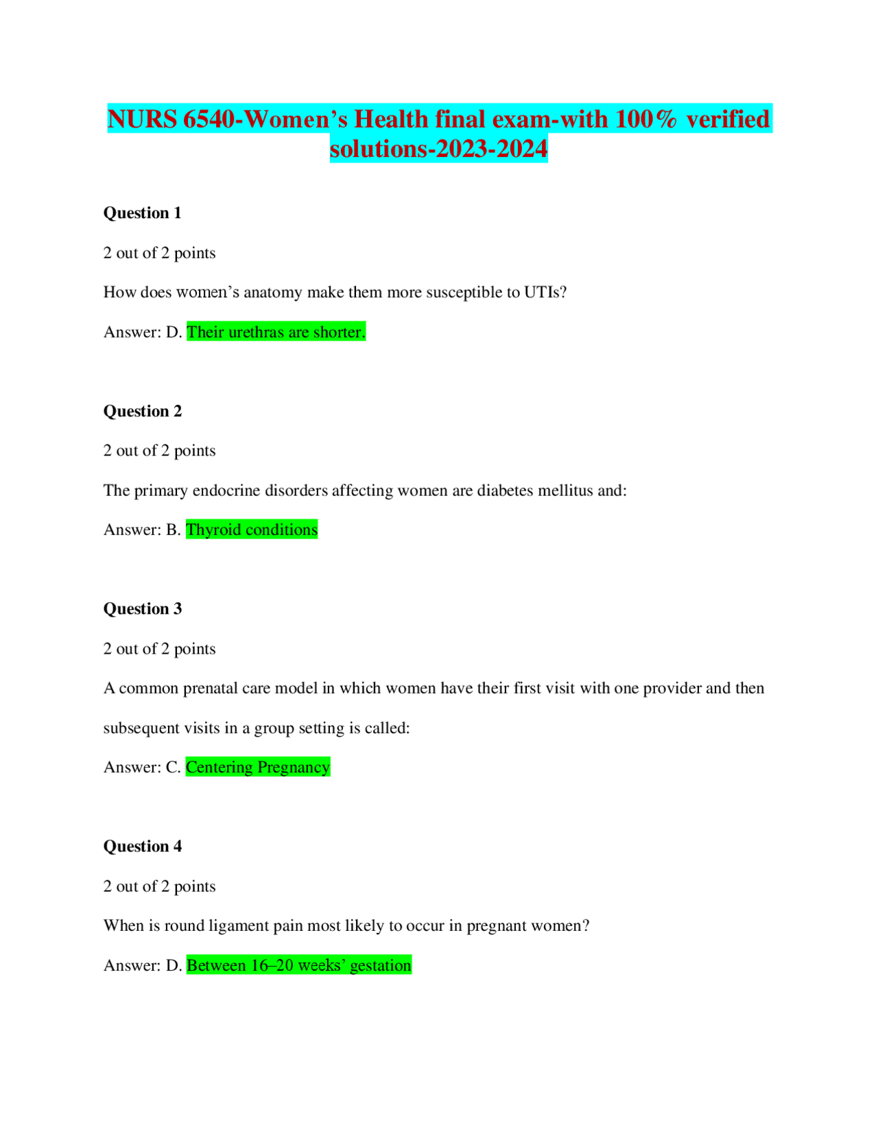 NURS 6540 - Women's Health Final Exam: Multiple Choice Questions and ...