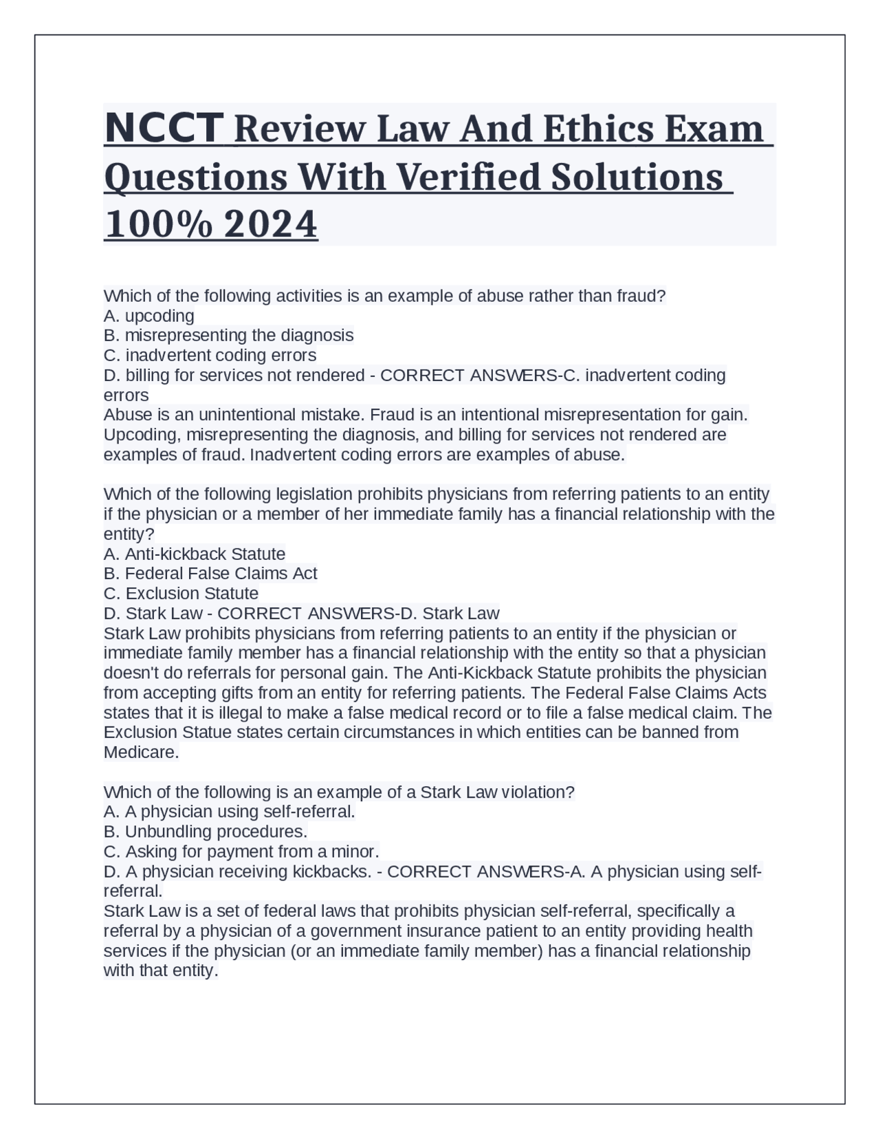 NCCT Review Law And Ethics Exam Questions With Verified Solutions ...