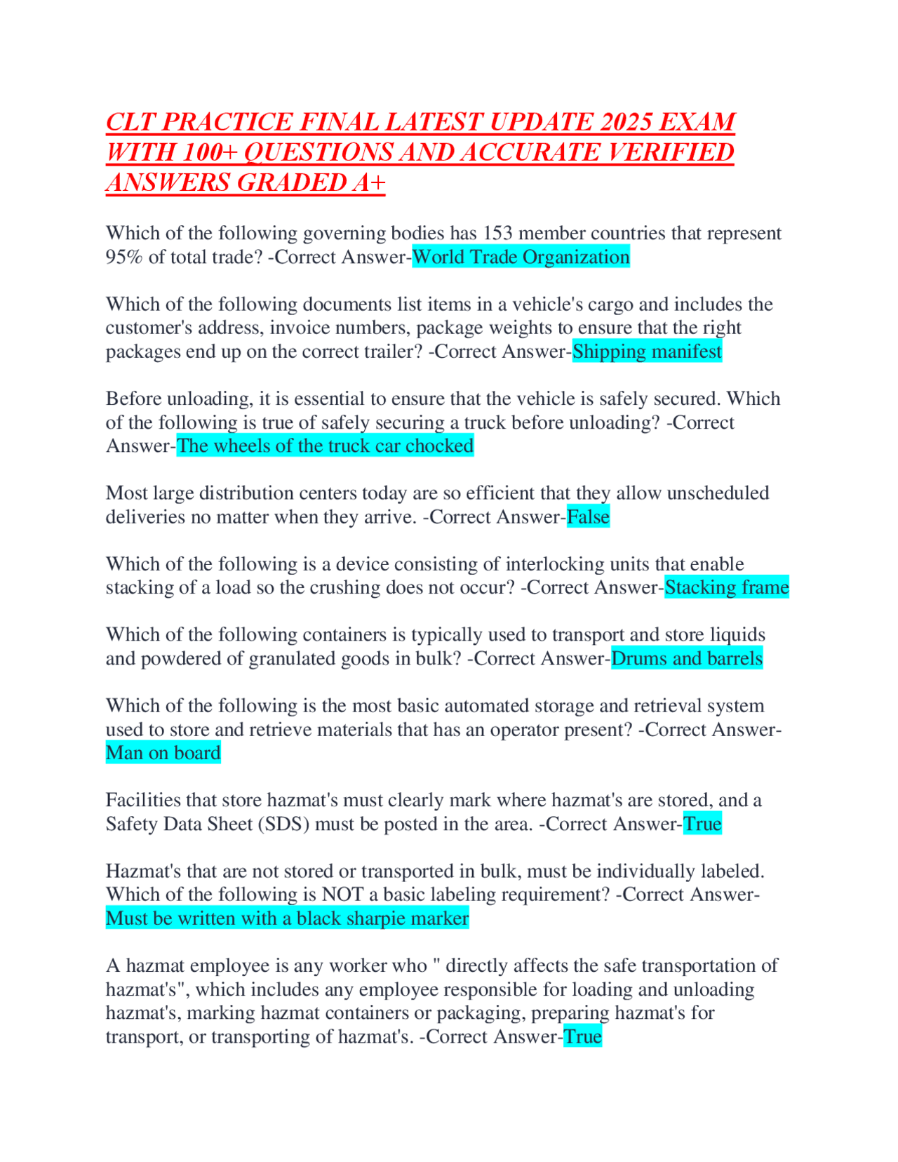 CLT Practice Final Exam Questions And Accurate Verified Answers.pdf ...