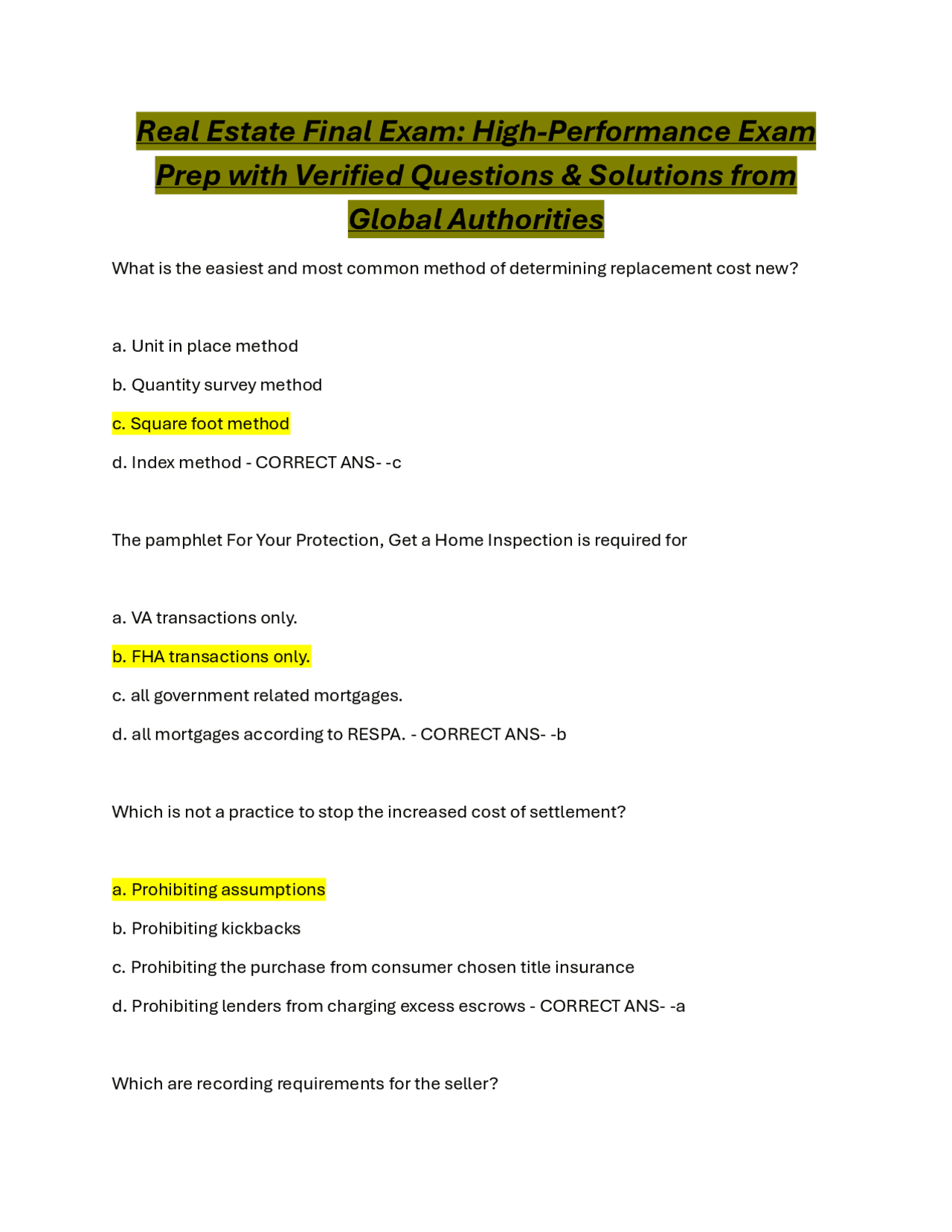 Real Estate Final Exam: High-Performance Exam Prep with Verified ...