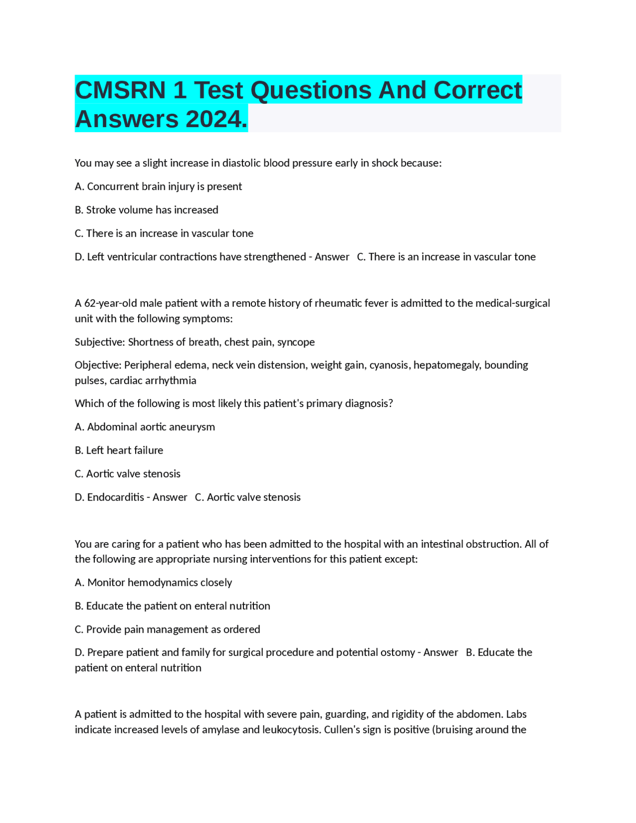 CMSRN 1 Test Questions and Correct Answers 2024 | Exams Nursing | Docsity