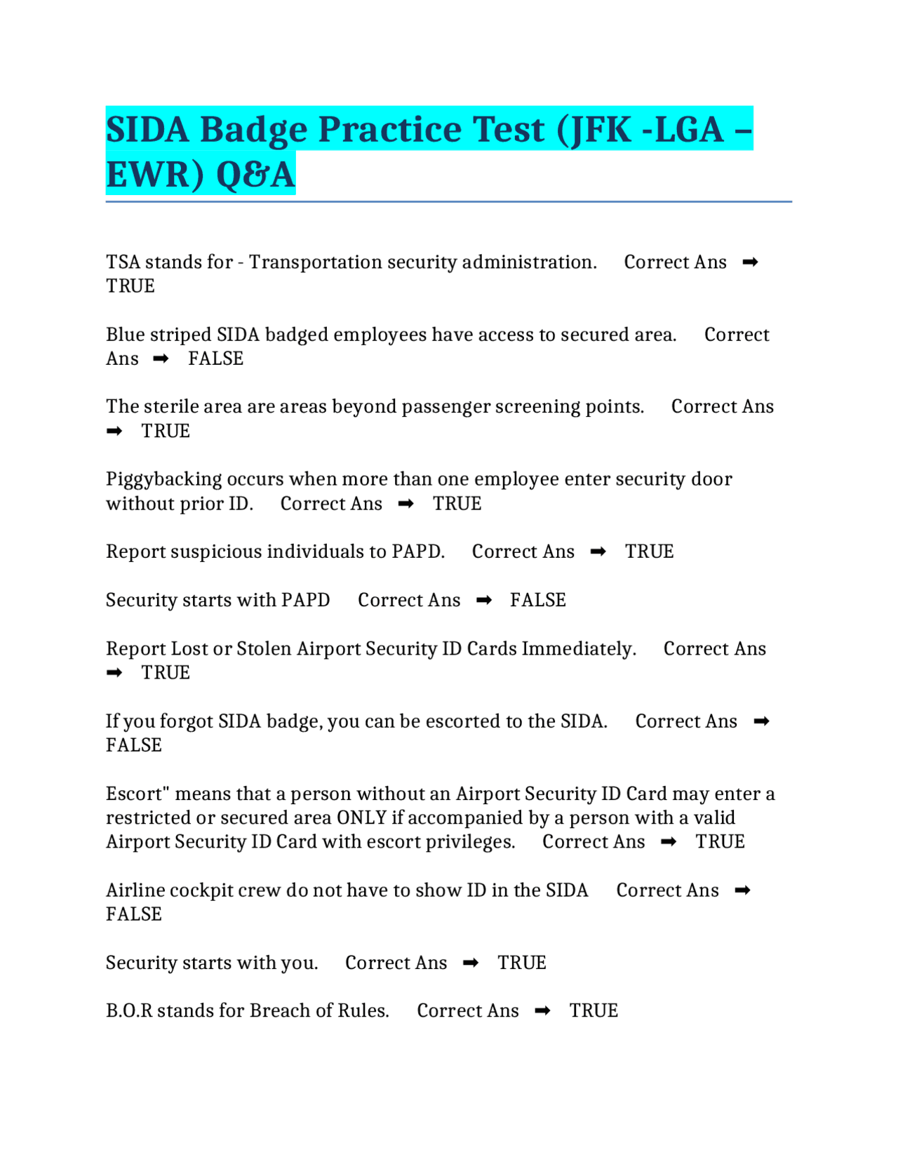 SIDA Badge Practice Test (JFK - LGA - EWR) Q&A | Exams Advanced ...