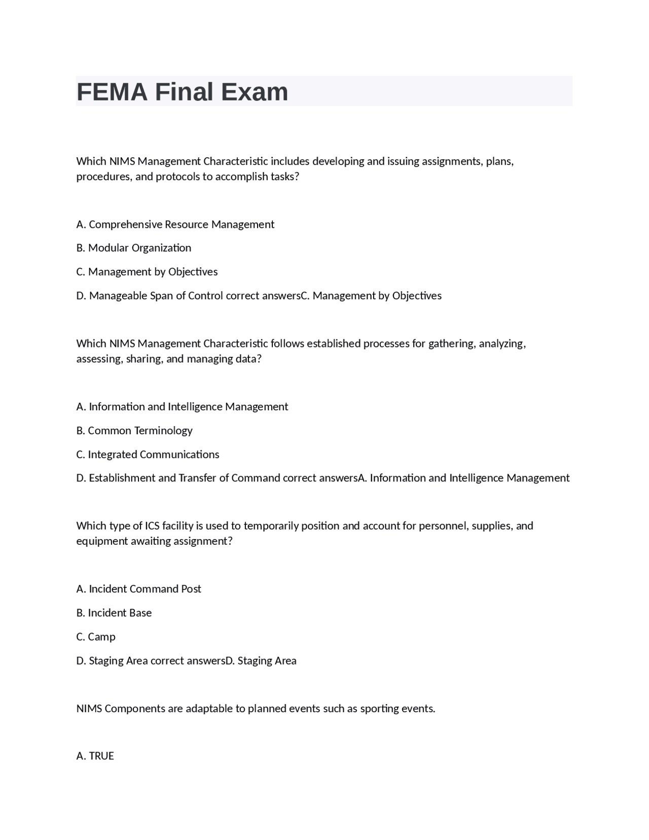 FEMA Final Exam: NIMS Management Characteristics and ICS Components ...
