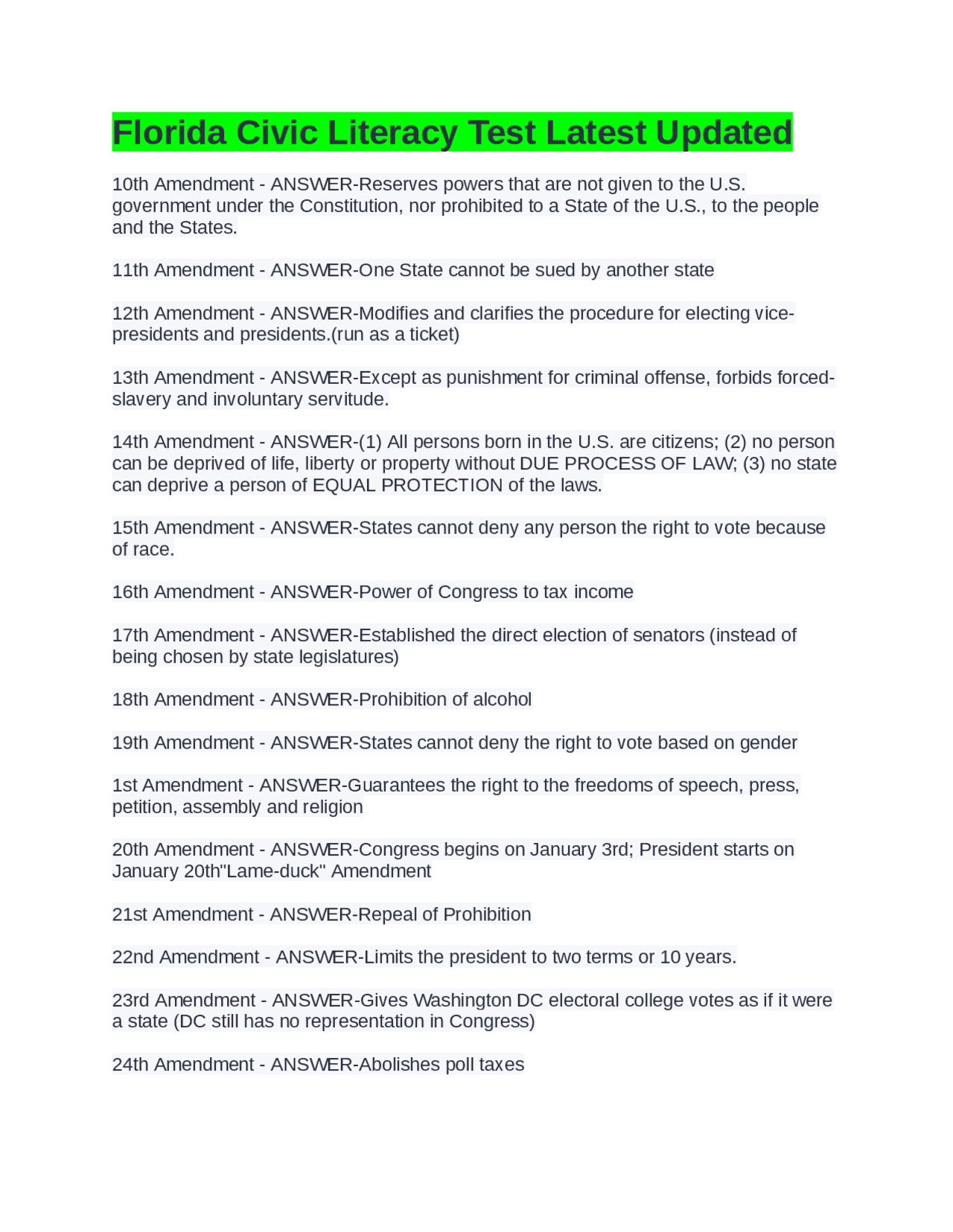 Florida Civic Literacy Test Latest Updated | Exams Political Science ...