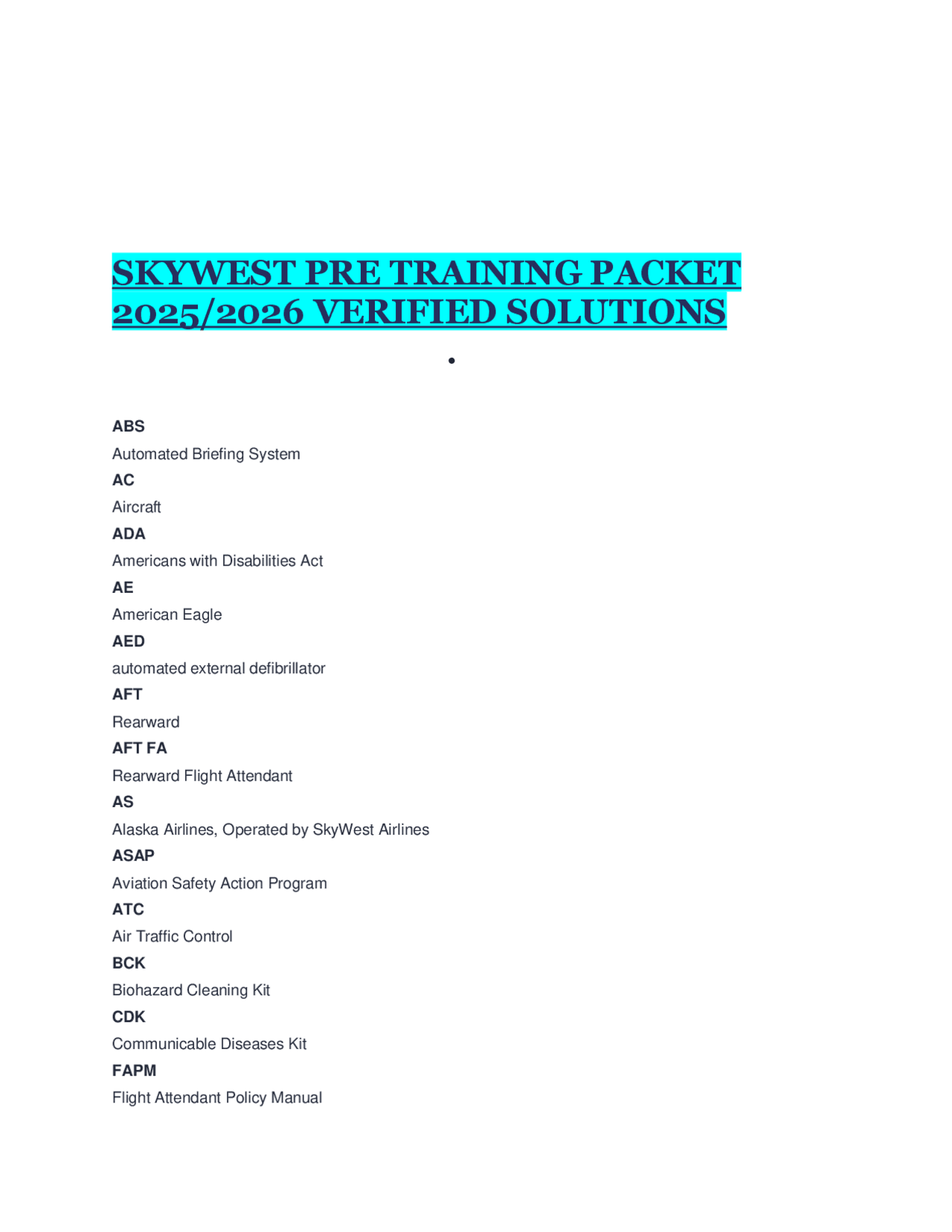 SKYWEST PRE TRAINING PACKET 2025/2026 VERIFIED SOLUTIONS | Study Guides ...