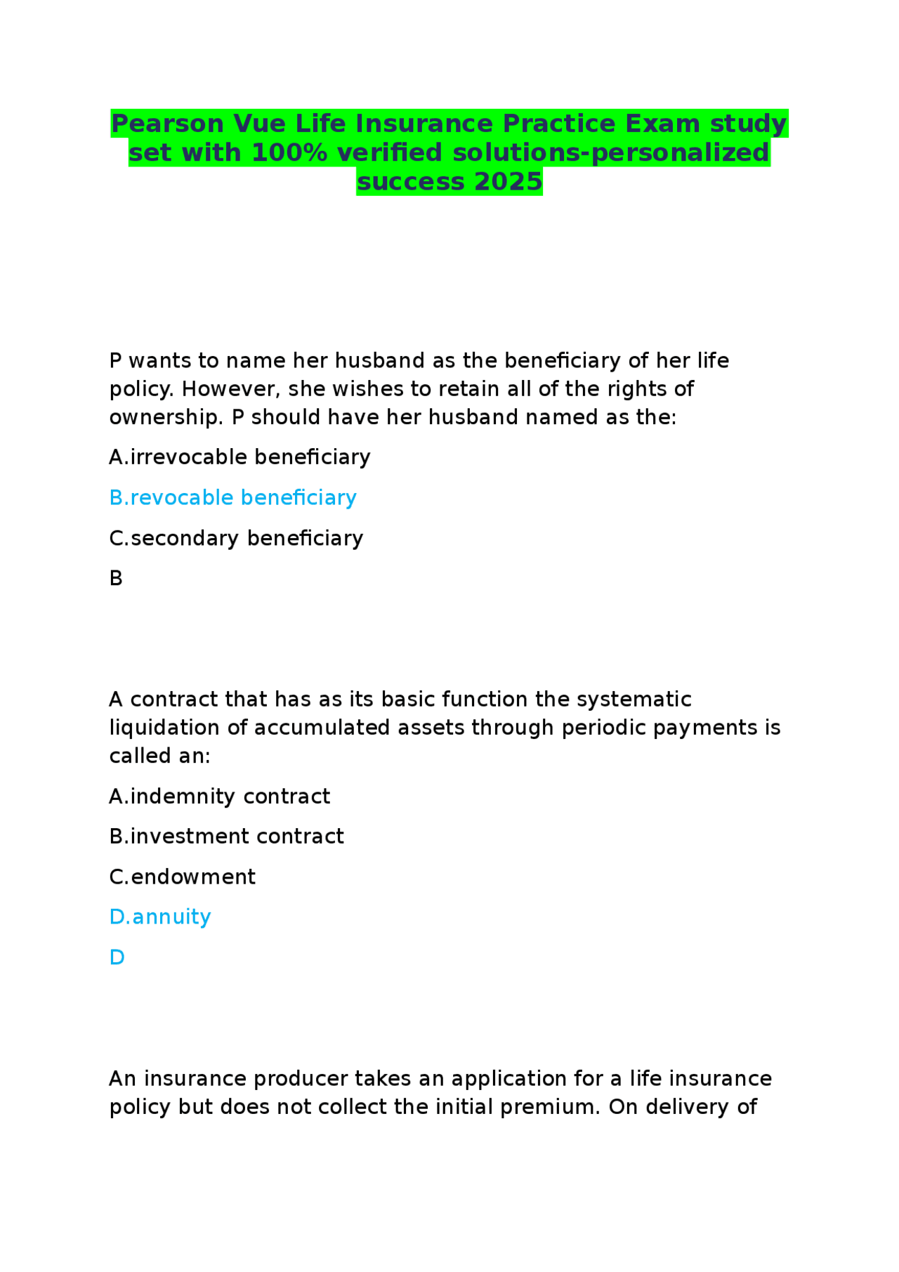 Pearson Vue Life Insurance Practice Exam study set with 100% verified ...