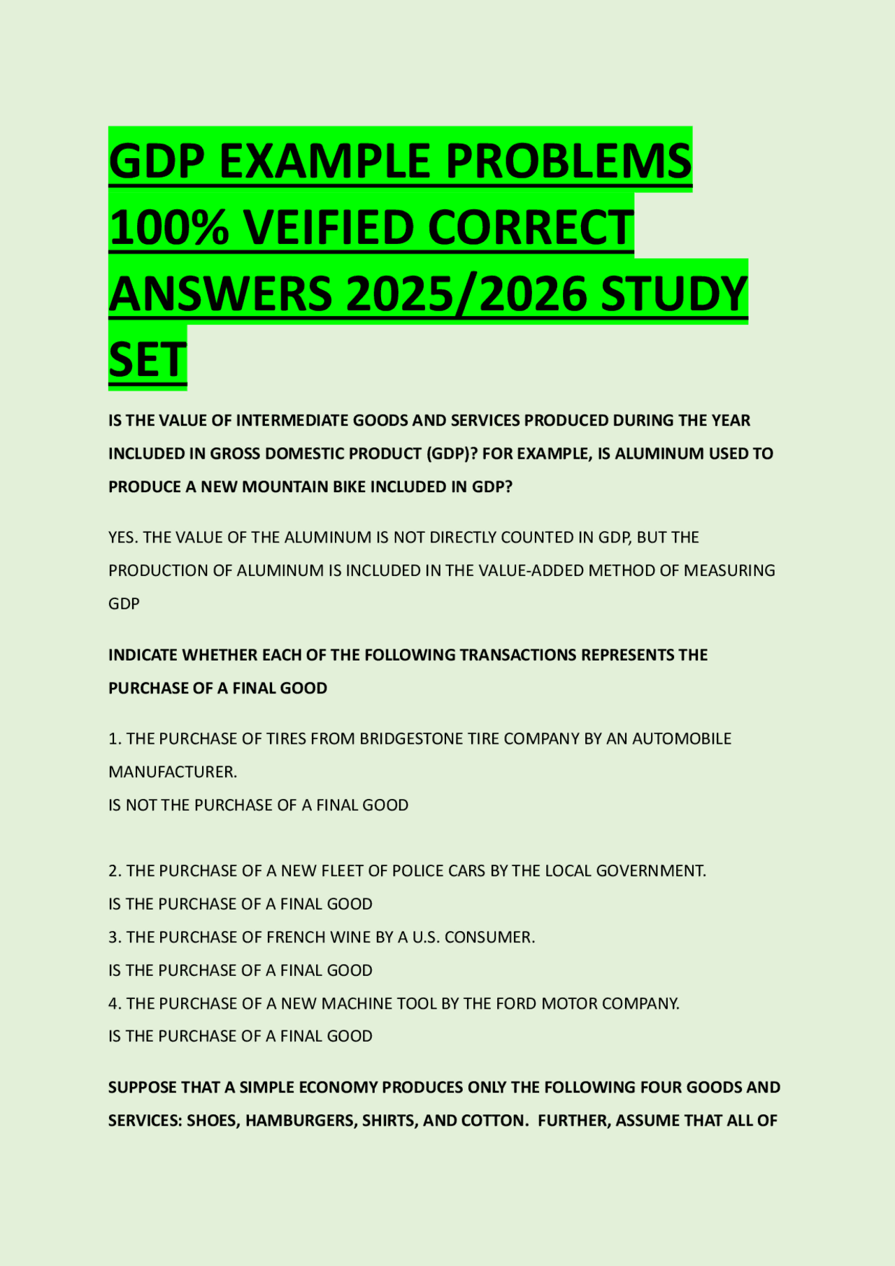 GDP EXAMPLE PROBLEMS 100% VERIFIED CORRECT ANSWERS 2025/2026 STUDY SET ...