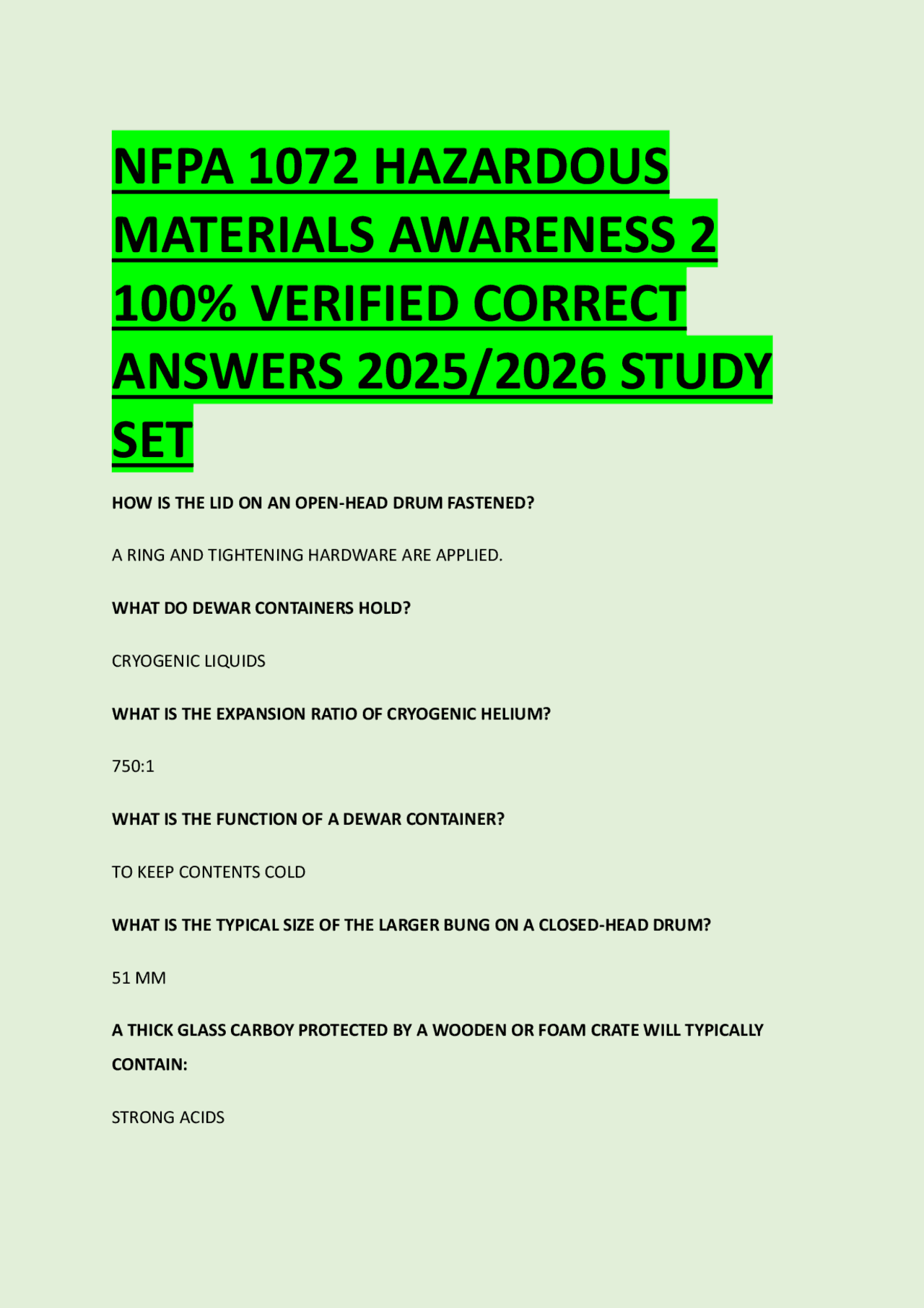 NFPA 1072 HAZARDOUS MATERIALS AWARENESS 2 100% VERIFIED CORRECT ANSWERS ...