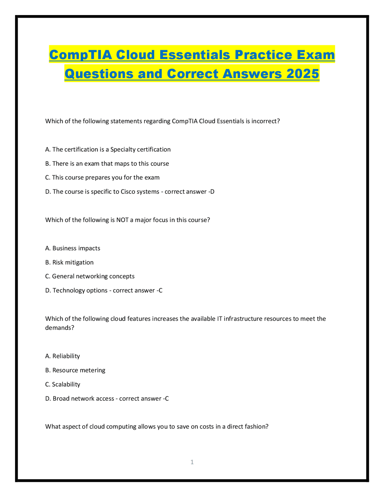CompTIA Cloud Essentials Practice Exam Questions and Answers 2025 | Exams Computer Science | Docsity