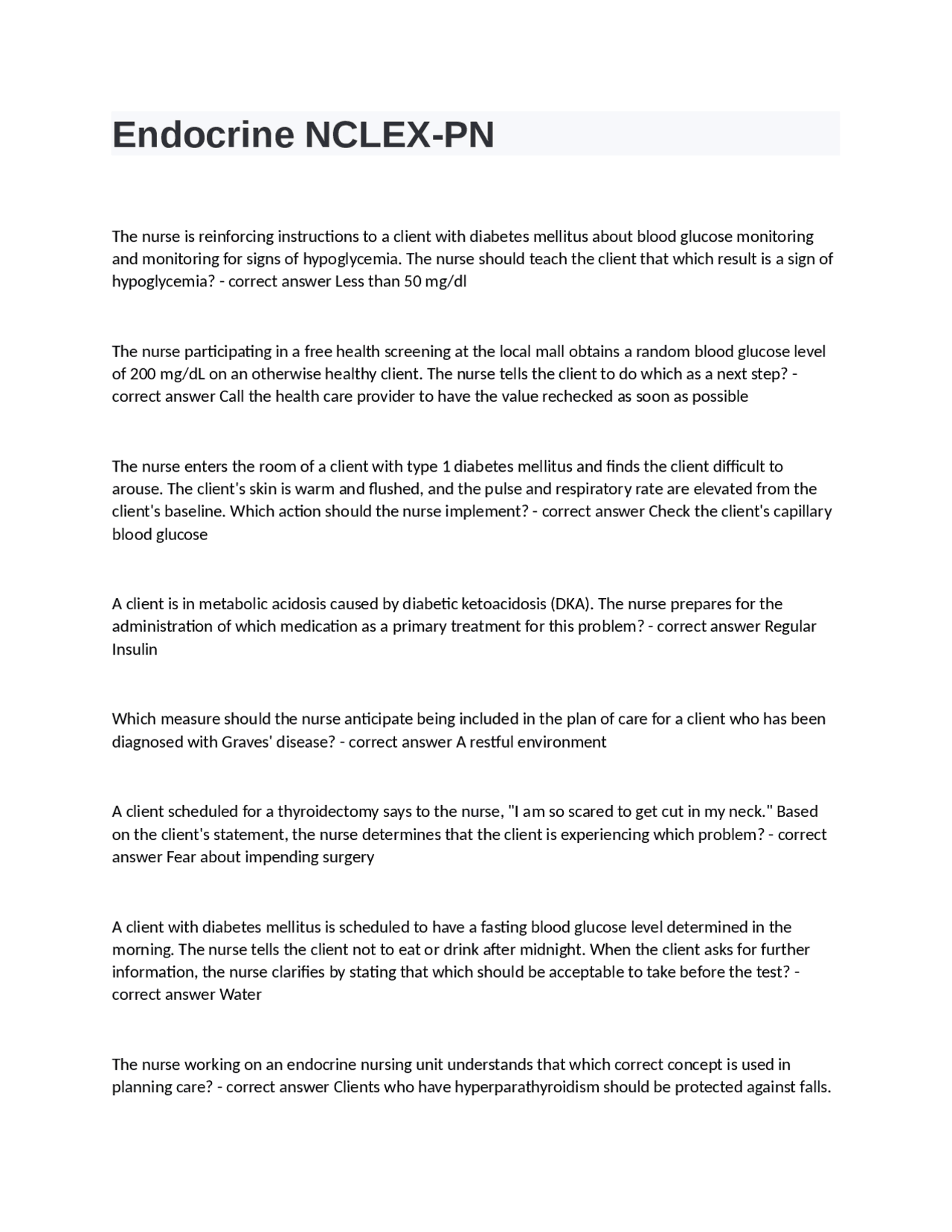 Endocrine System NCLEX-PN Practice Questions | Exams Nursing | Docsity