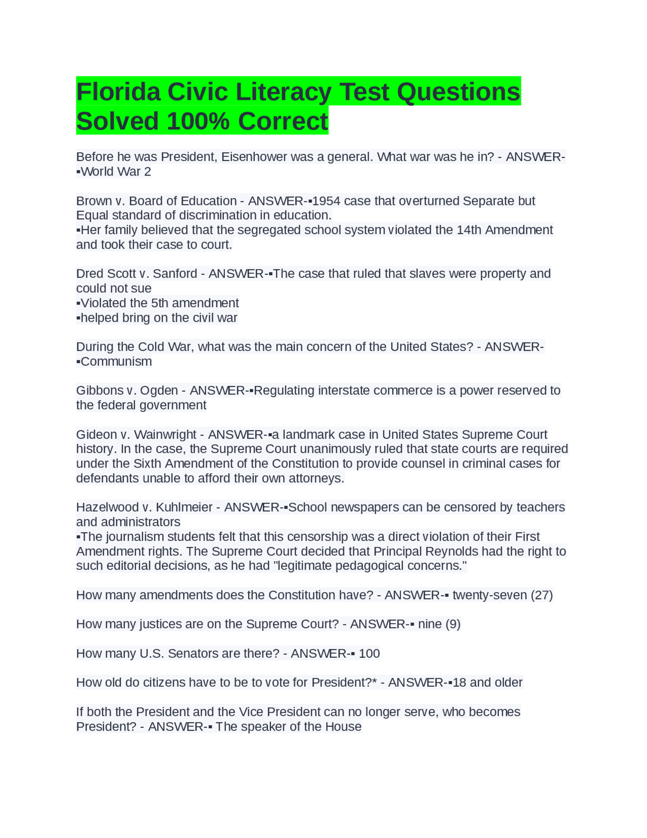 Florida Civic Literacy Test Questions Solved 100% | Exams Political ...