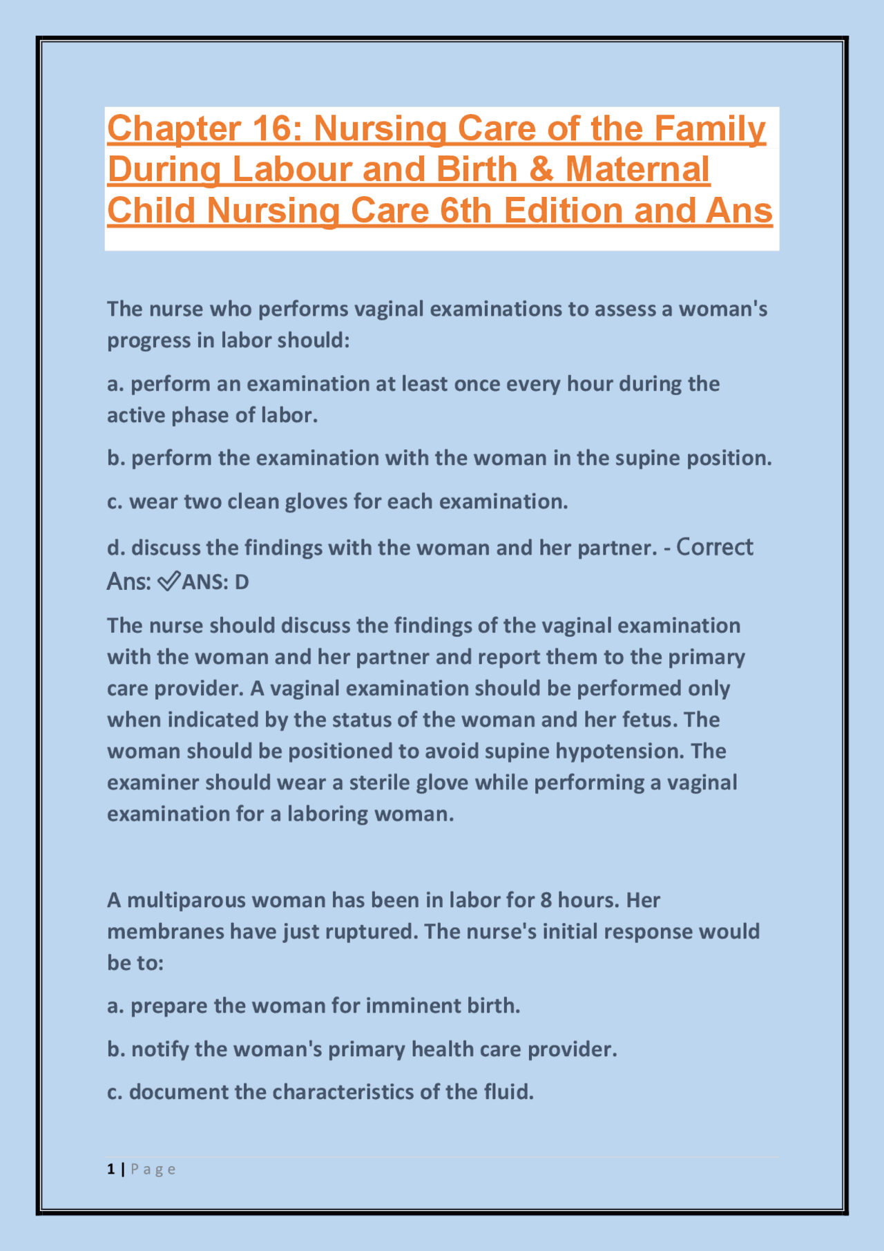 Nursing Care During Labor and Birth: Multiple Choice Questions and ...